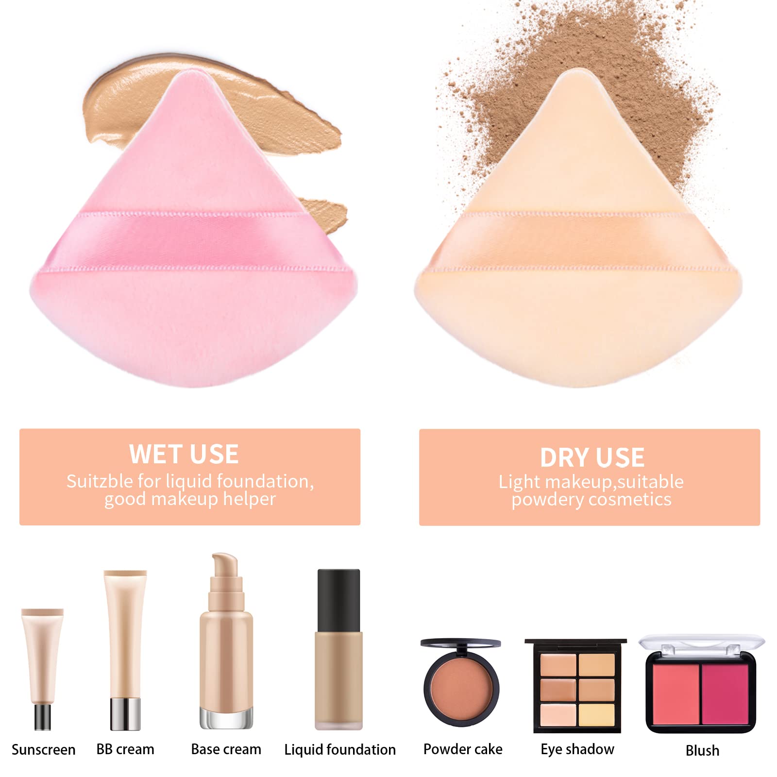 Molain 2 Pieces Triangle Powder Puff Makeup Puff Velvet Face Body Powder Puff Cosmetic Foundation Blender Sponge for Loose Powder Body Powder Makeup Tool (Nude&Pink)