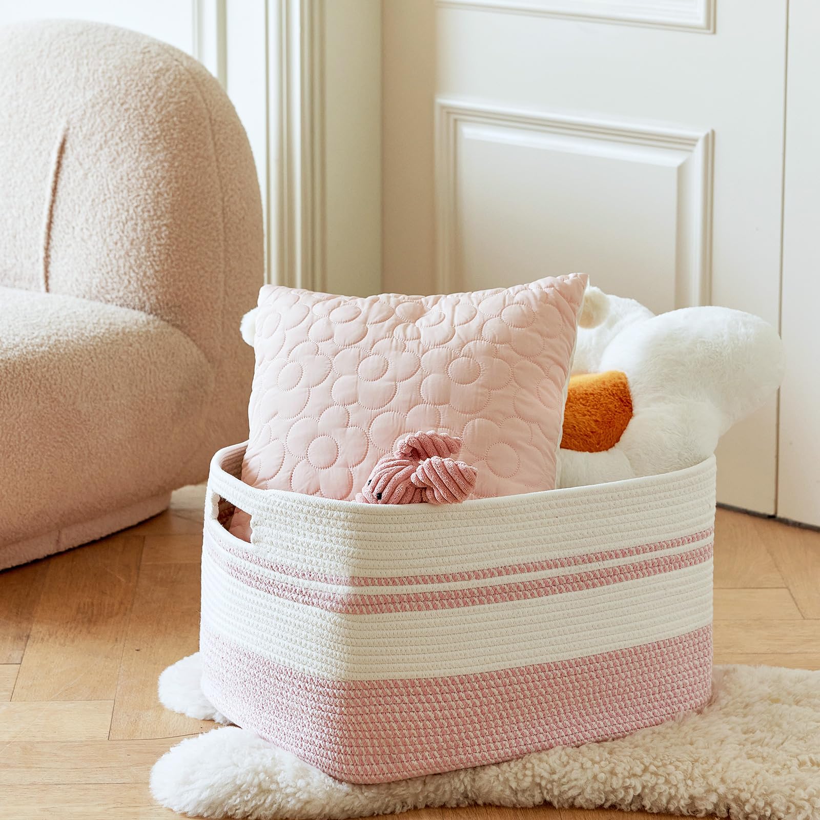 R RUNKA Large Rectangular Cotton Rope Storage Basket - 82L- Ideal for Toy Storage, Blankets, Laundry, Woven Organizer for Living Room, Bedroom - 22"x17"x12"(White & Pink)