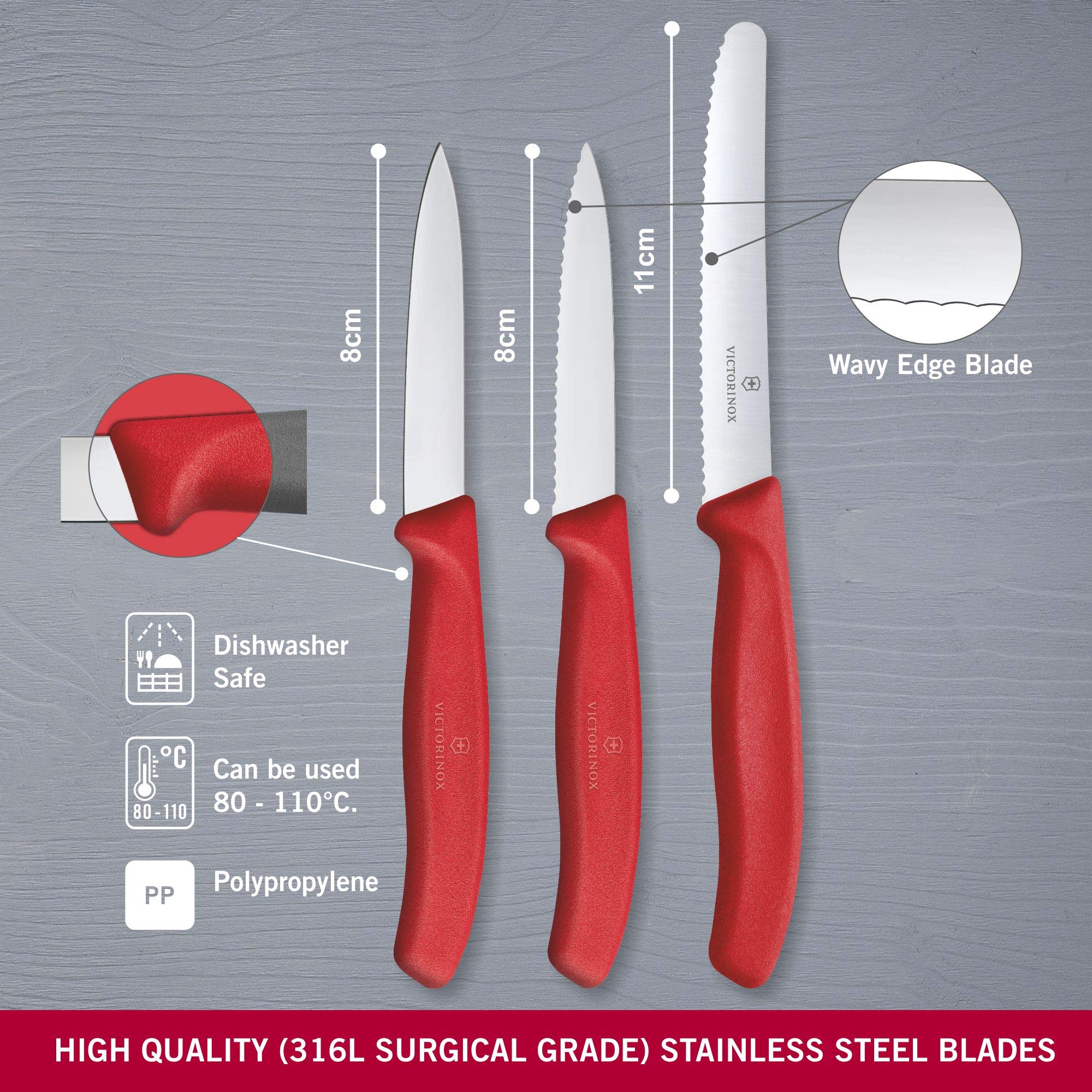 Victorinox Swiss Classic Paring Knife Set, Set of 3, Straight Edge, Extra Sharp, Robust Plastic Handle, Red