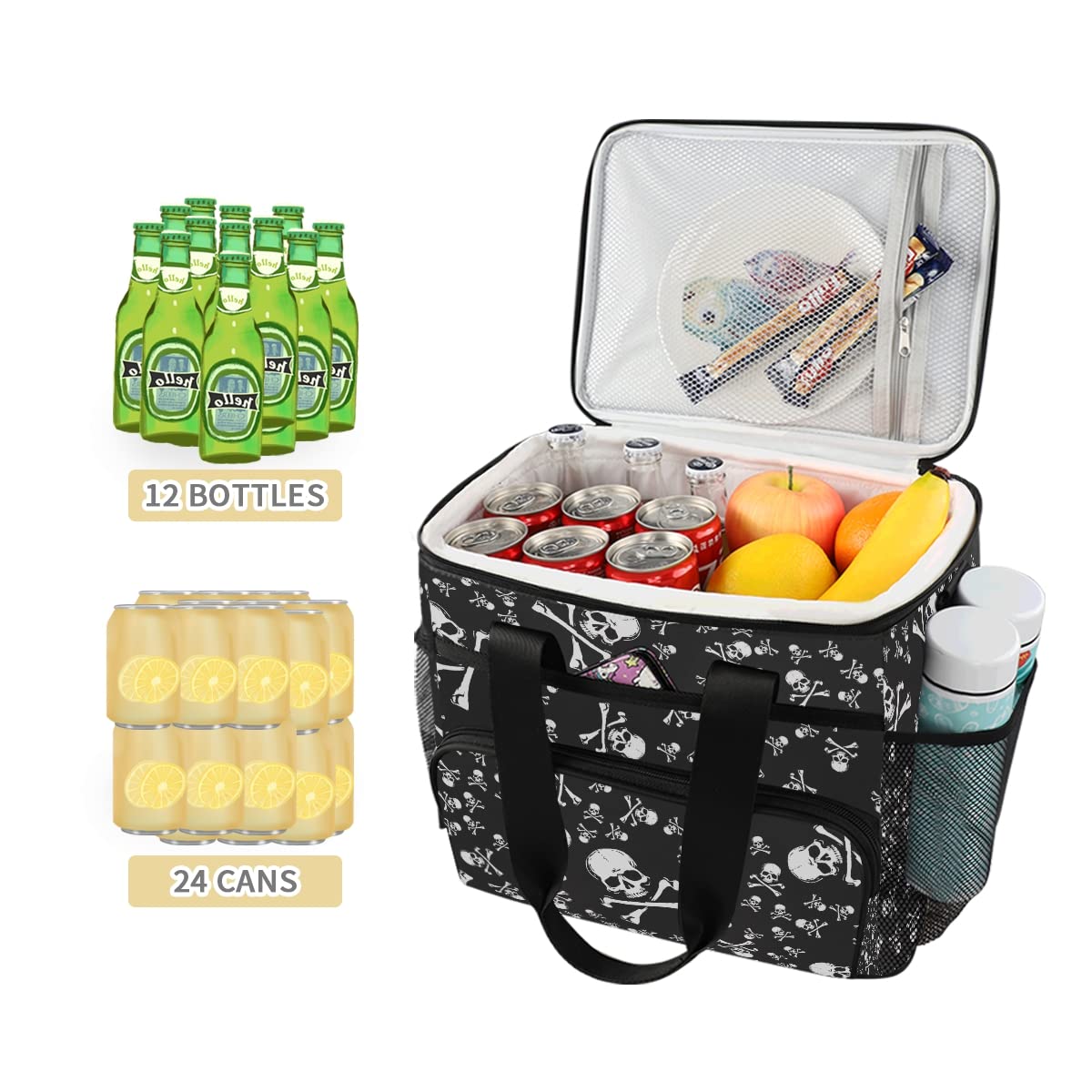 MNSRUU Cooler Bag Halloween Skull Head Jolly Roger Pirate Insulated Lunch Totes Picnic Bag Beach Cooler Lunch Box Container with Adjustable Shoulder Strap
