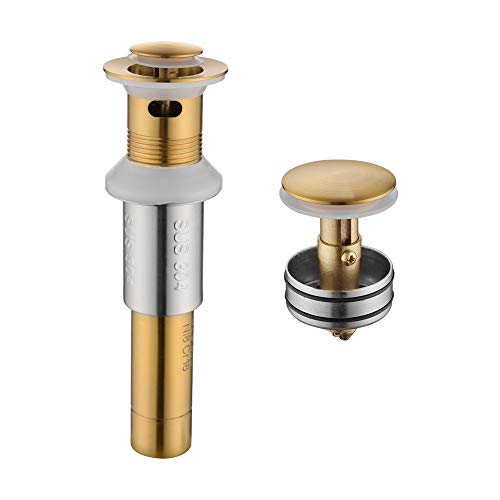 Rainovo Sink Drain Stopper Bathroom, Pop-Up Drain Stainless Steel With Overflow Anti-Clogging for Vessel Sink Lavatory Vanity Sink Drain with Strainer Basket, Brushed Gold