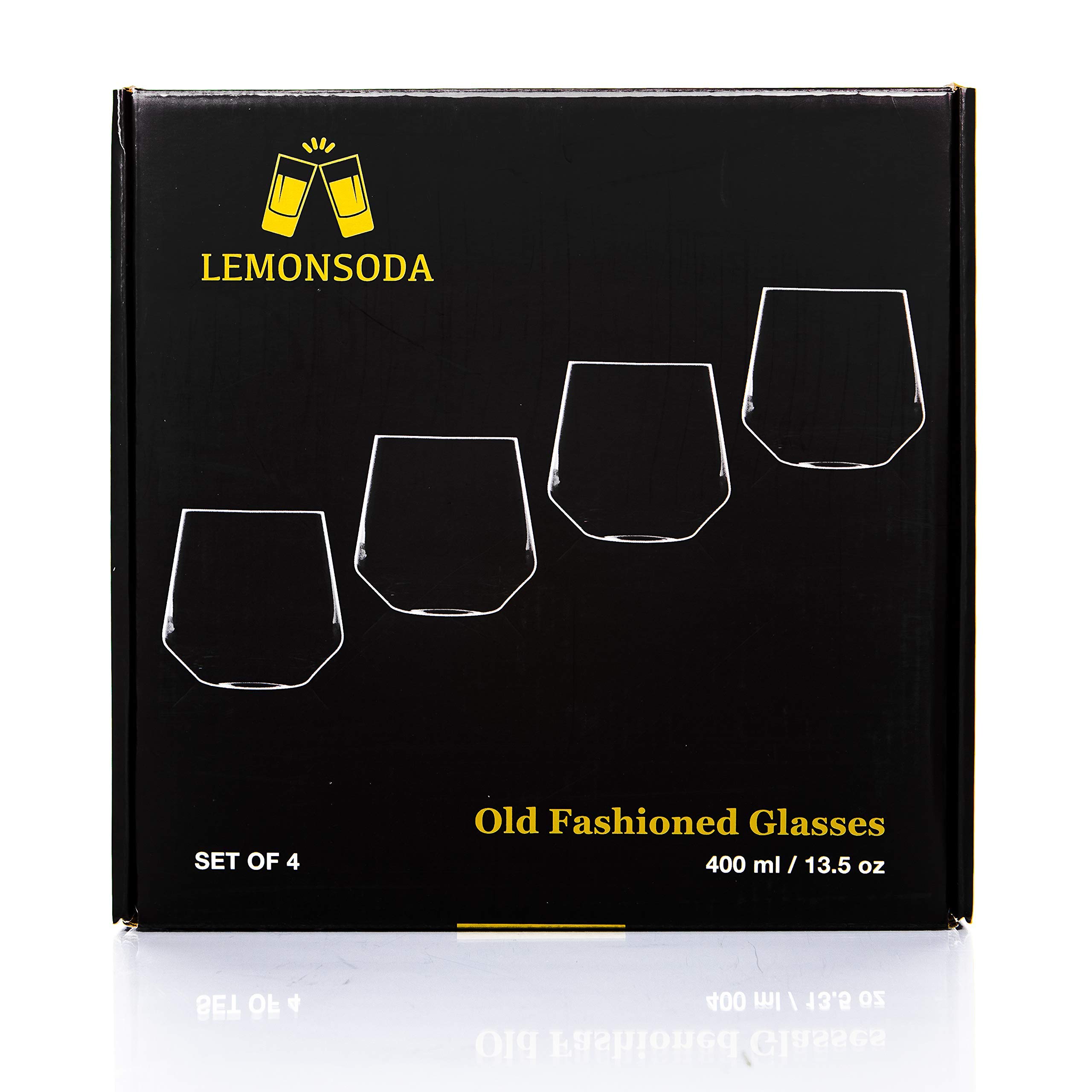 LEMONSODA High-End Double Rocks Glasses (Set of 4) β Lead-Free Crystal β Perfect for Scotch, Bourbon, Old-Fashioned β 400mL Capacity β Gift Box Included.