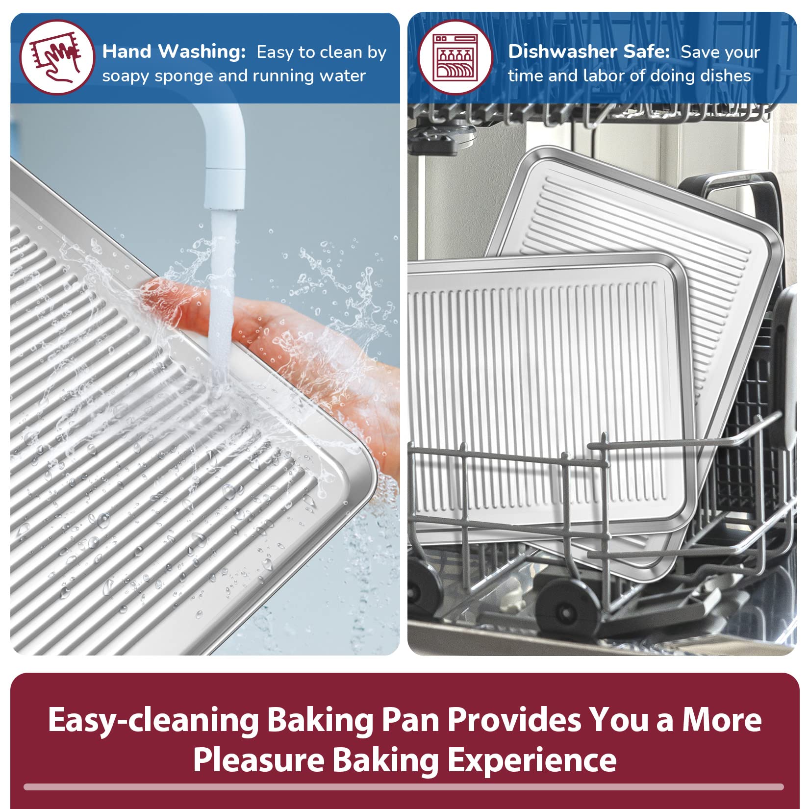 Large Baking Sheet Pan Set of 2 for Oven, P&P CHEF Stainless Steel Cookie Sheets Trays Bakeware, Rectangle 16 x 12 x 1 Inch, Corrugated Bottom & Mirror Finished Surface, Dishwasher Safe