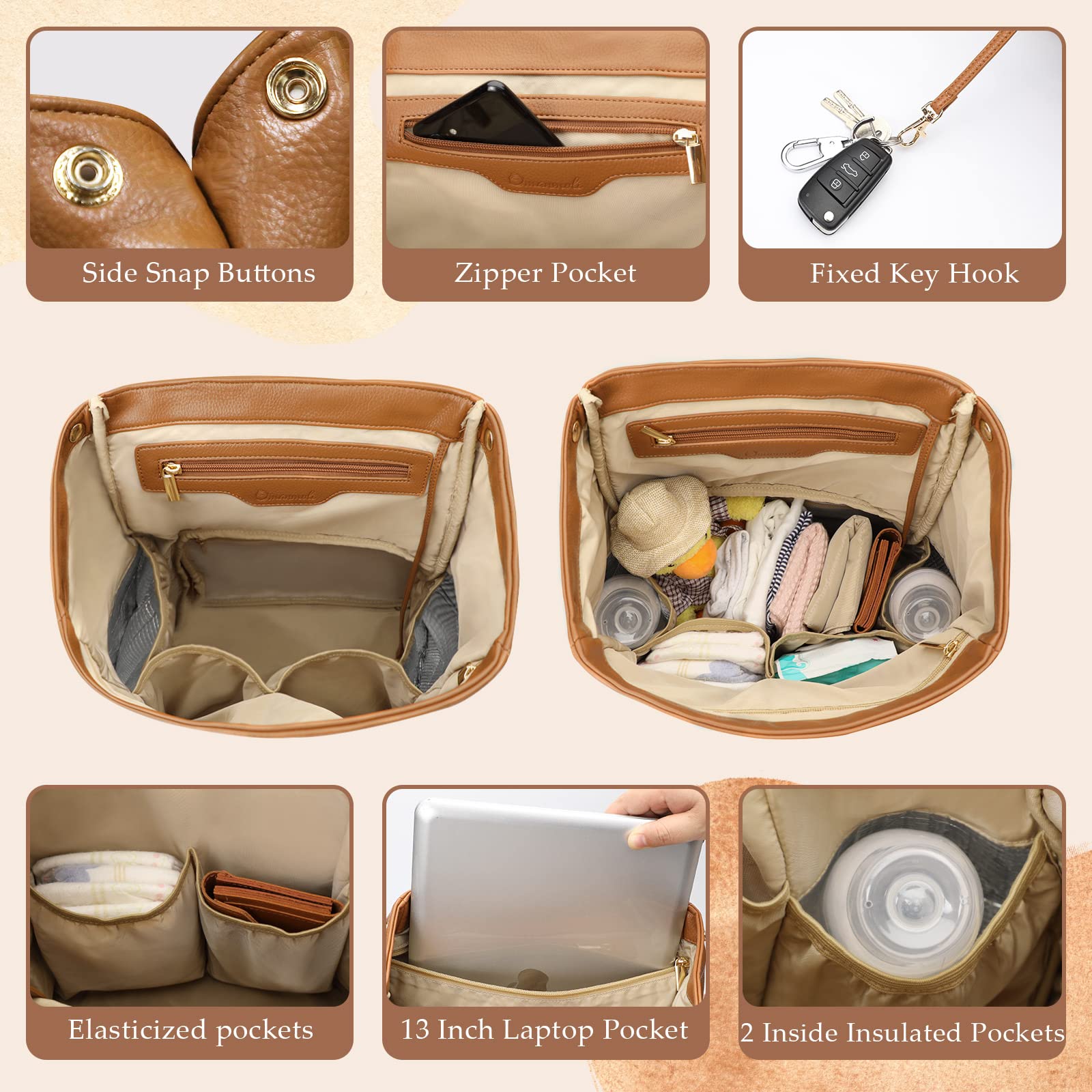Omanmoli Diaper Bag Backpack Baby Diaper Bag, Leather Diaper Bag, Diaper Bag Organizer with 12 Organizing Pouches,Changing Pad,Shoulder Straps,Stroller Straps(Brown)