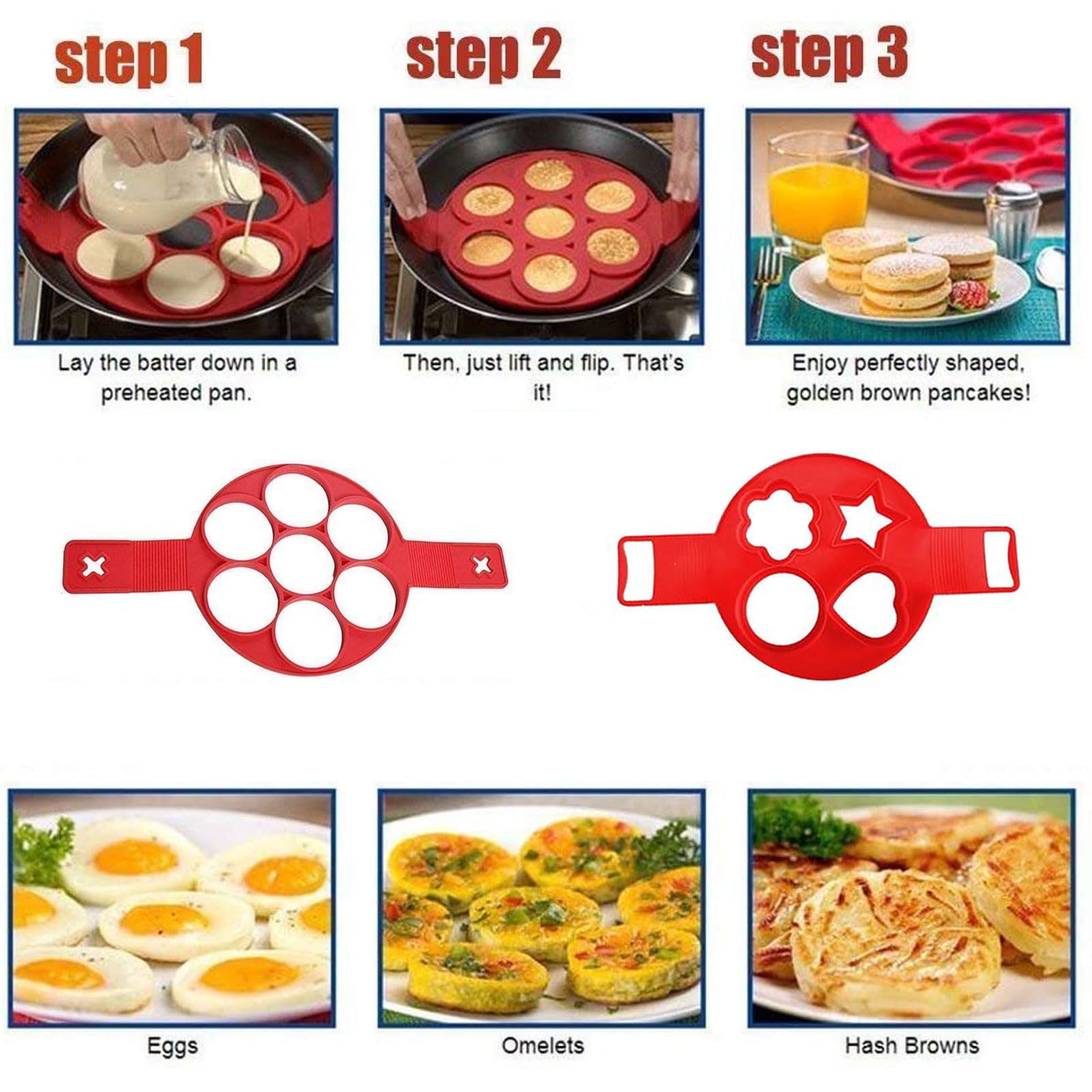 Omczkwy Flip N Cook Silicone Pancake, Flip'n'cook Pancake, Flip and Cook Pancake Maker, Flip and Cook Silicone Pancake Maker, Non Stick, Reusable (red-B)