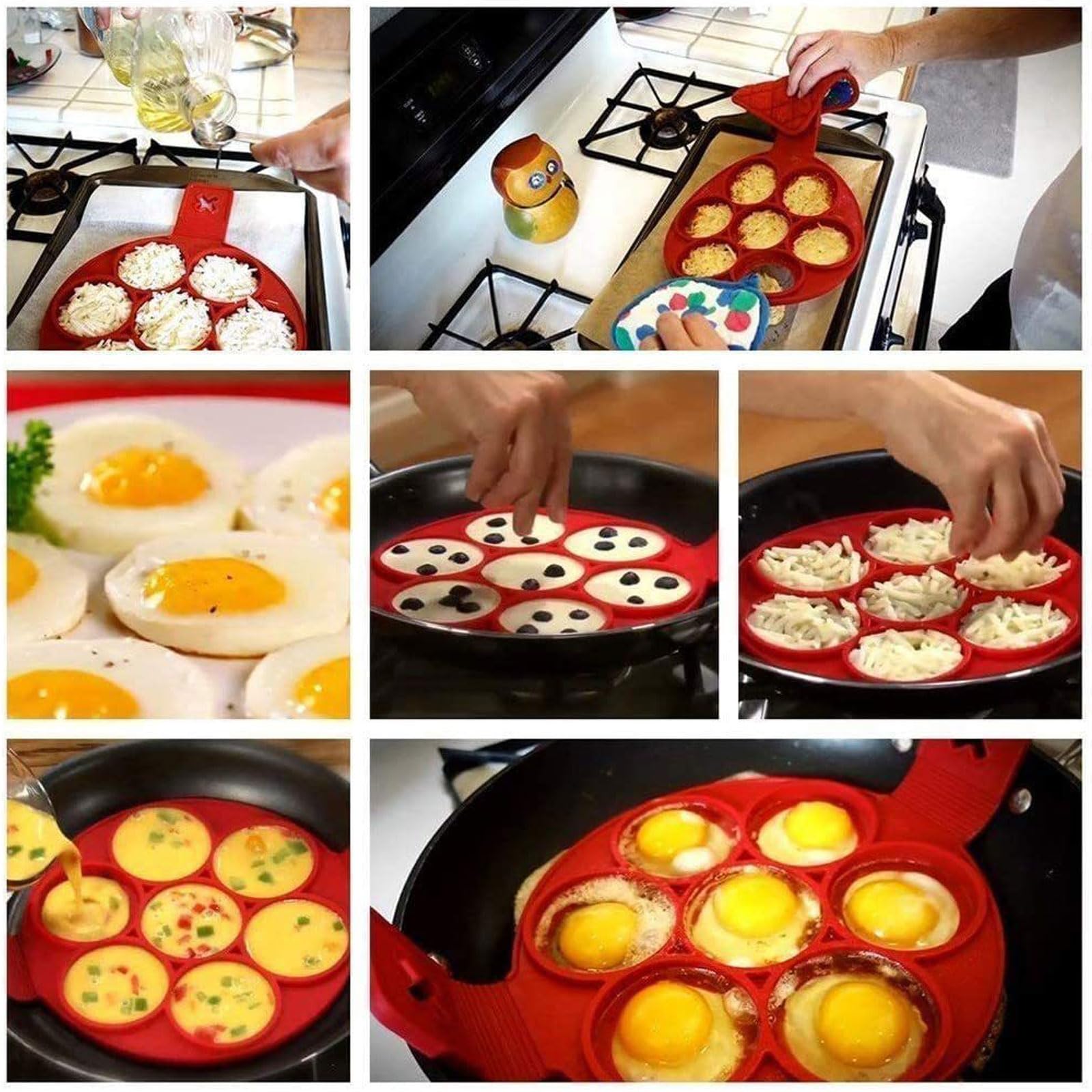 Omczkwy Flip N Cook Silicone Pancake, Flip'n'cook Pancake, Flip and Cook Pancake Maker, Flip and Cook Silicone Pancake Maker, Non Stick, Reusable (red-B)