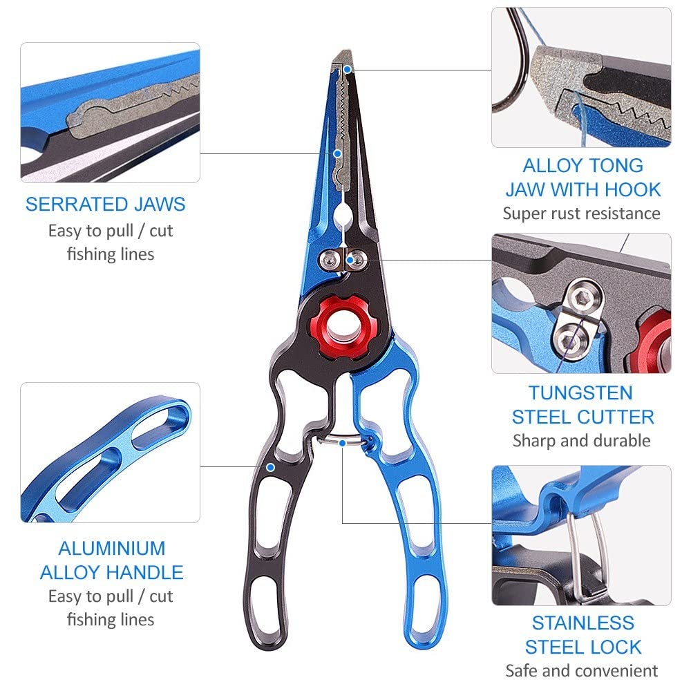 MengK Aluminium Fishing Pliers Hook Remover Pliers Fish Holder Split Ring Tool Clip Clamp Line Cutters with Lanyard and Storage Bag
