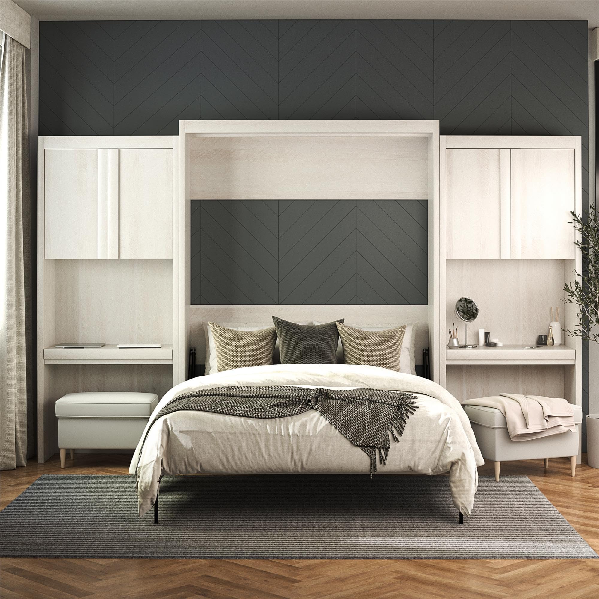REALROOMS Halstead Multi-Functional Queen Size Fold-Out Murphy Bed with 2 Side Desk Storage Cabinets and Slide-Out Vanity Drawers for Bedroom or Guest Room, Ivory Oak