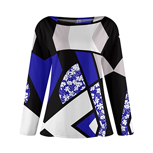 Lmzaren Women's Sweatshirt Crewneck Long Sleeve Pullovers Top Color Matching Geometric Printed Long Sleeve Tee Blouse