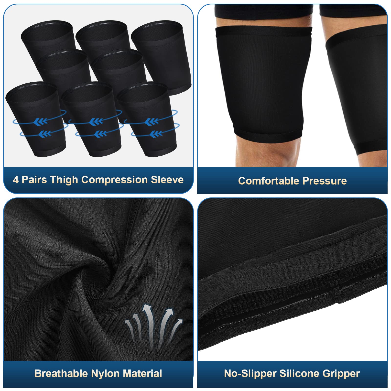 Janmercy 4 Pairs Thigh Compression Sleeves for Men Hamstring Compression Sleeves Thigh Brace Hamstring Support Thigh Sleeves for Men and Women Running Sports Quad Groin Pulls Pain Relief