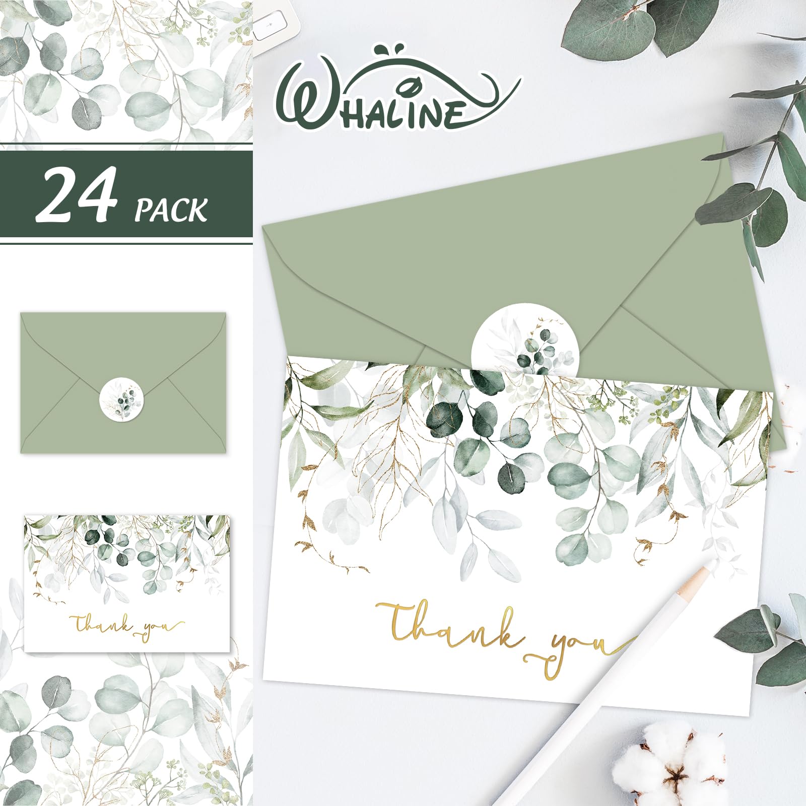 Whaline 24 Pack Greenery Thank You Cards Gold Foil Eucalyptus Leaves Thank You Note Cards with Envelopes Stickers for Spring Wedding Baby Shower