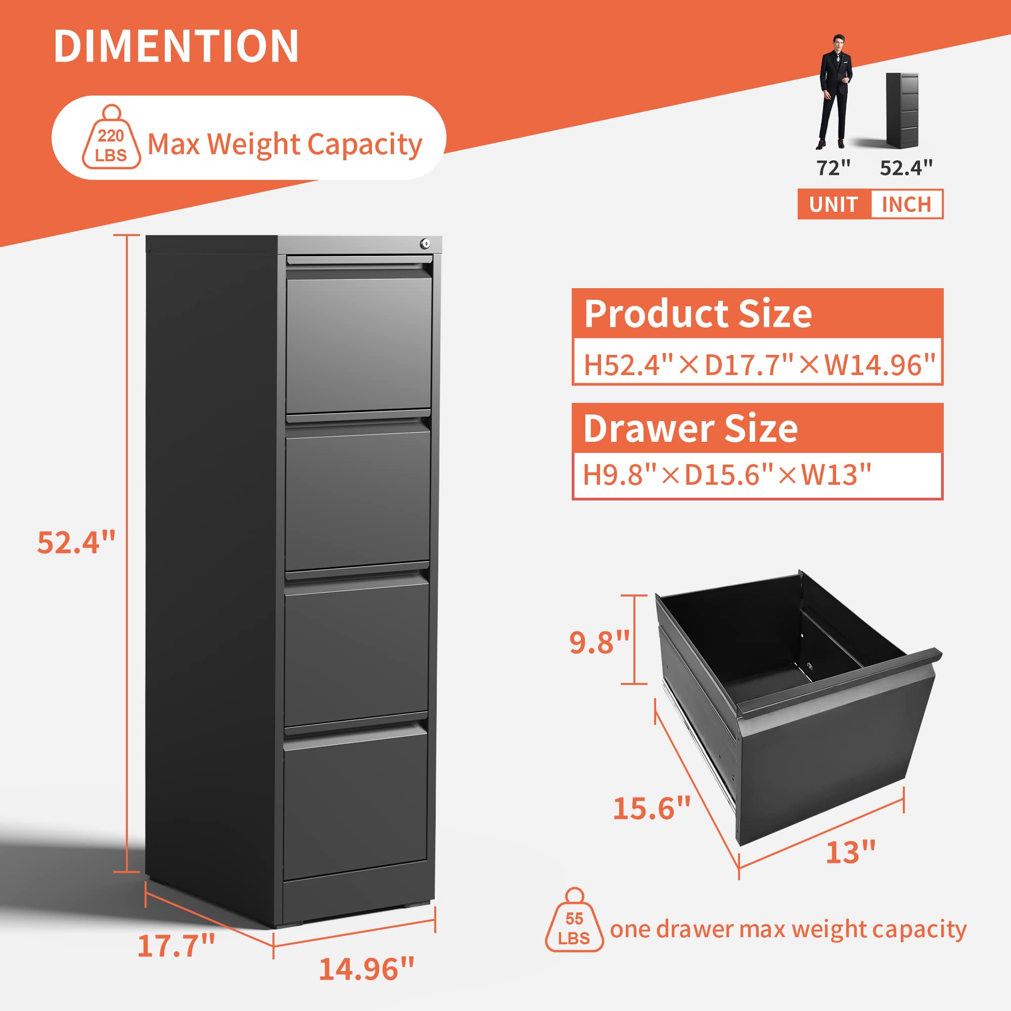 IKIMI 4 Drawer File Cabinet,Metal Filing Cabinets with Lock,Black Vertical File Cabinet for Home Office,Heavy Duty Metal Storage Cabinet for A4/Letter/Legal Size File,Assembly Required