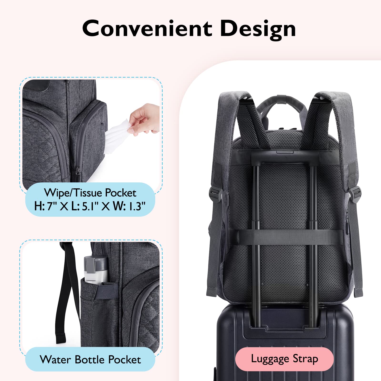 mommore Diaper Bag Backpack Large Travel Diaper Bags with Portable Changing Pad, Pacifier Case and Stroller Straps, Black