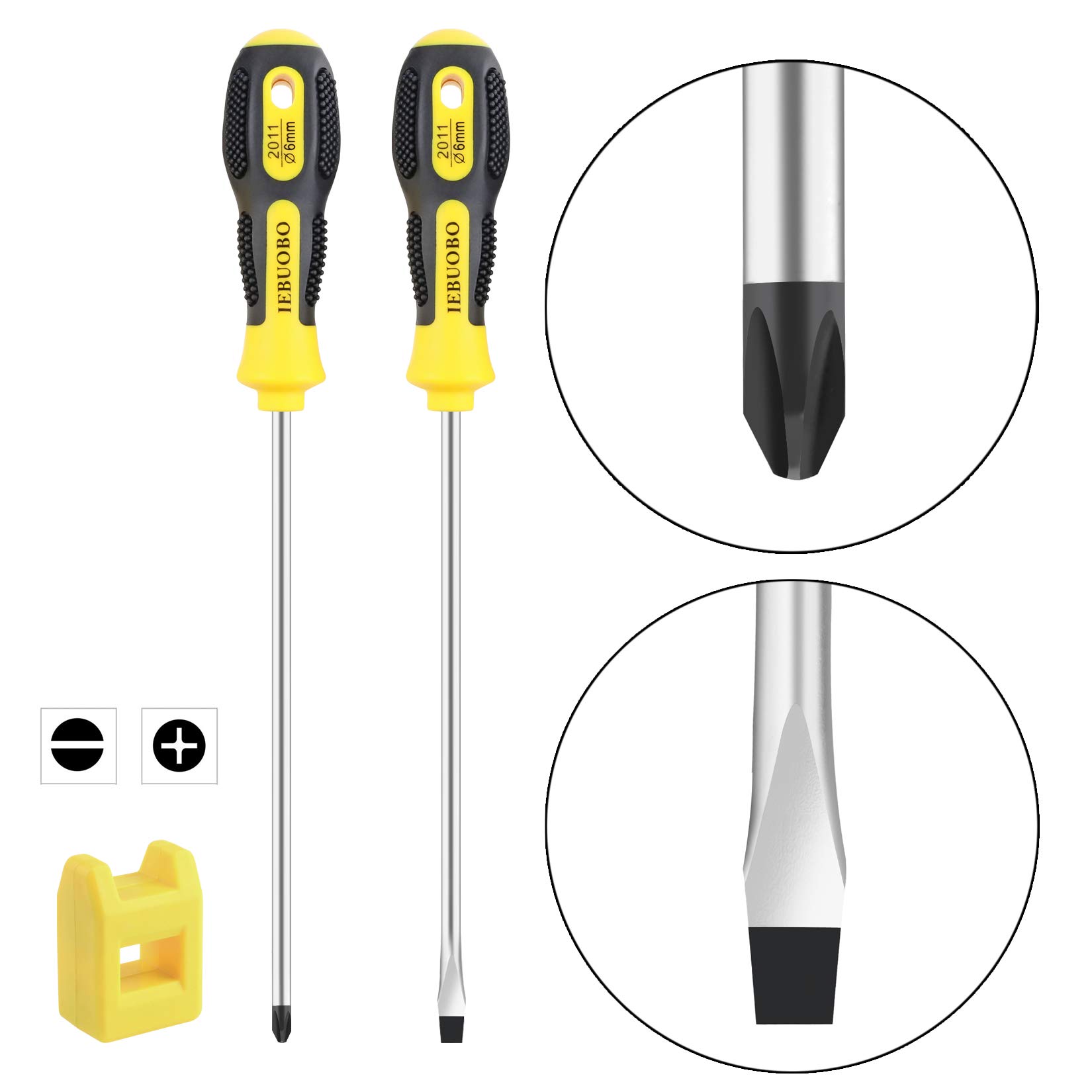 IEBUOBO Slotted and Phillips Screwdriver, PH2 8" Long Cross-head Screwdriver & Flat Blade Screwdriver, 2 Packs Magnetic Screwdriver with Rubber Handle, With Magnetizer/Demagnetizer Tool