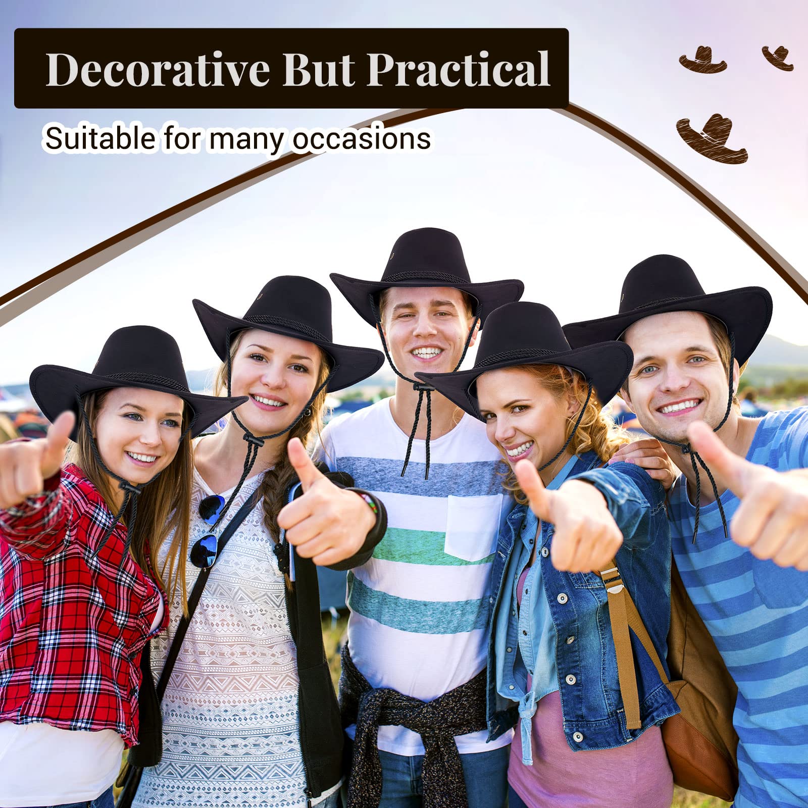 Janmercy 6 Pack Bulk Cowboy Hats Western Cowboy Hat Plain Cowboy Hat with Adjustable Drawstring for Wedding Stage Performance (Fresh Black)