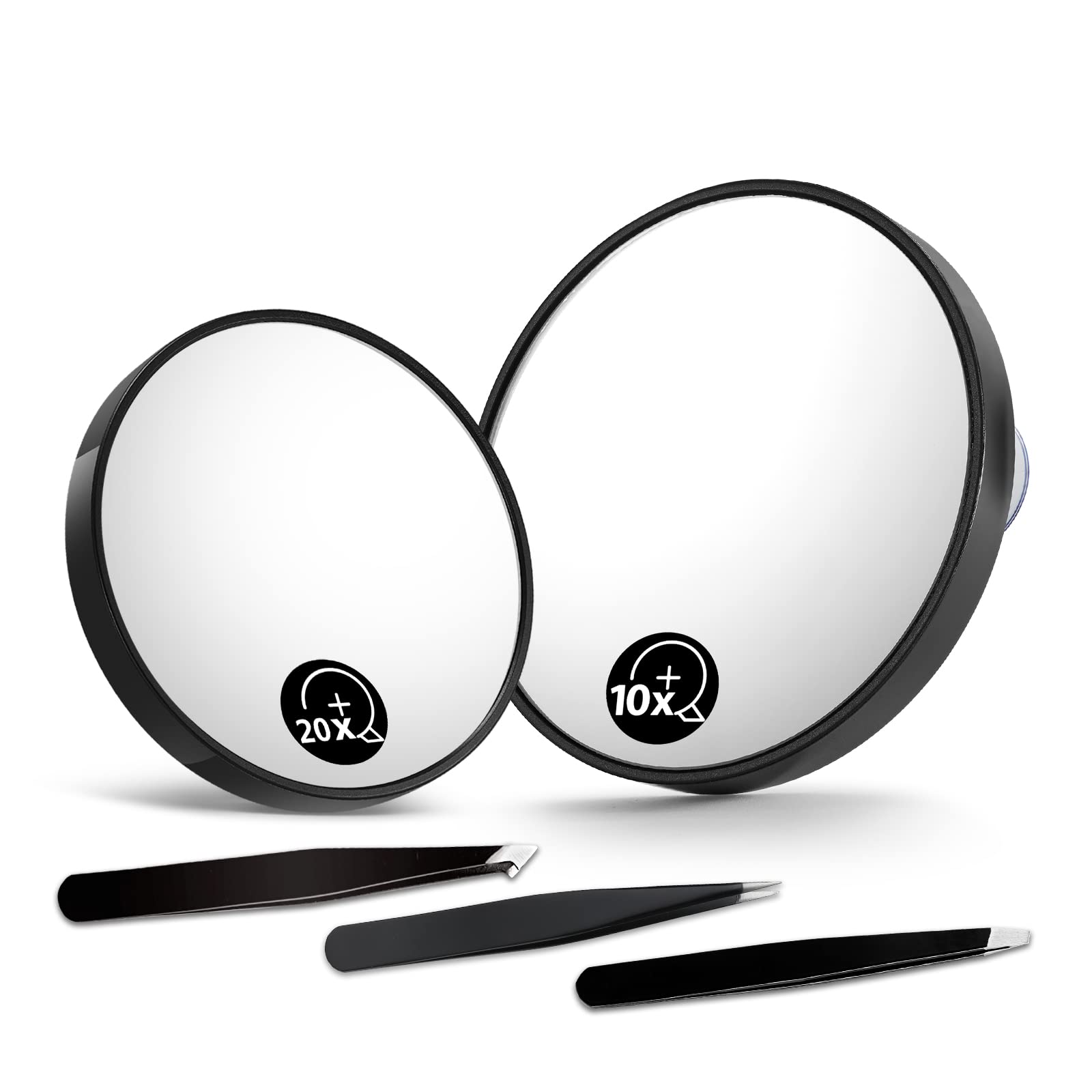 OMIRO 10X(300R)&20X(200R) Magnifying Mirrors and 3 Tweezers Set Combo, 4.5" & 3.5" Triple Suction Cups Round Spot Mirrrors
