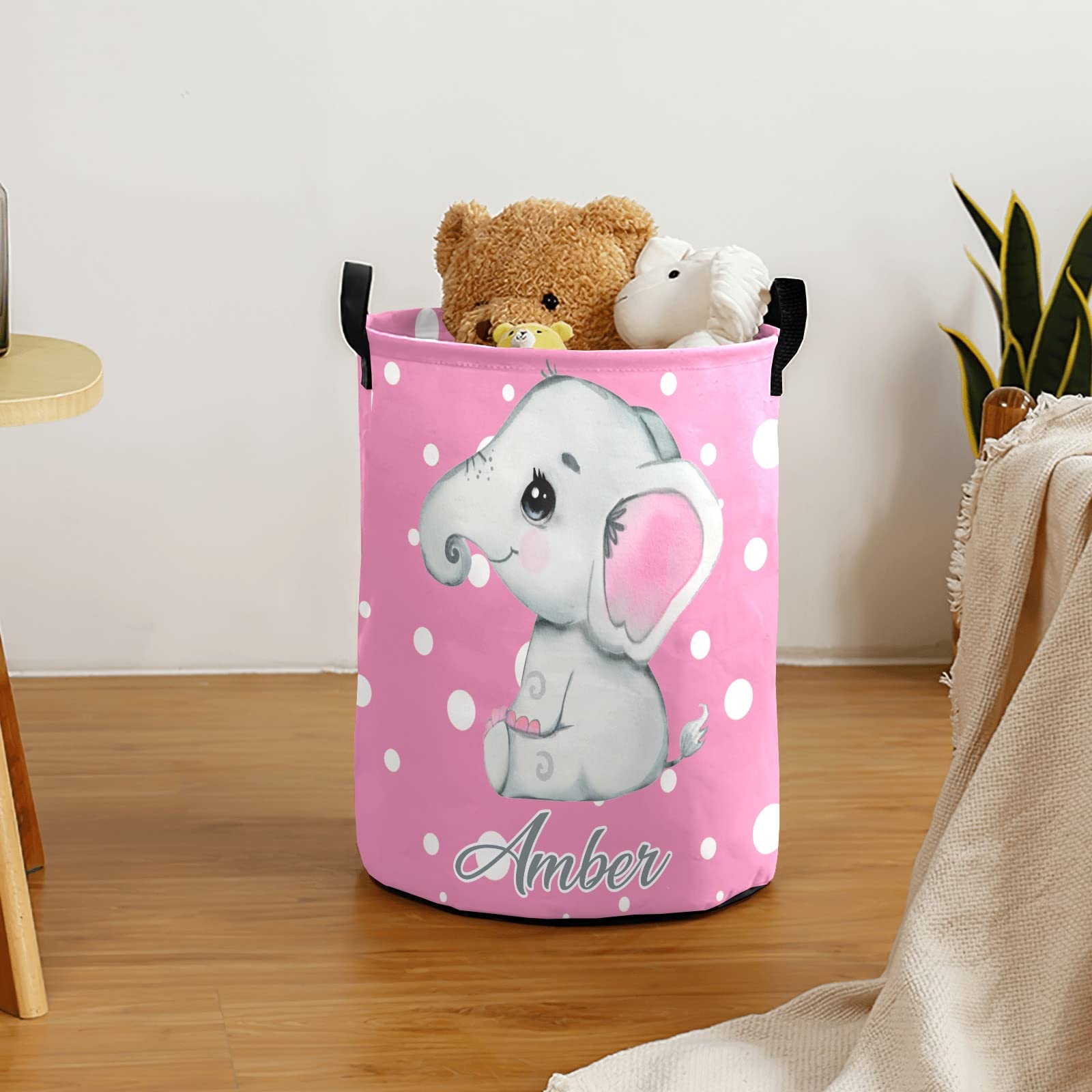 Personalized Pink Polka Dot Elephant Waterproof Laundry Basket Handles Collapsible Hamper Storage Basket for Office Bathroom
