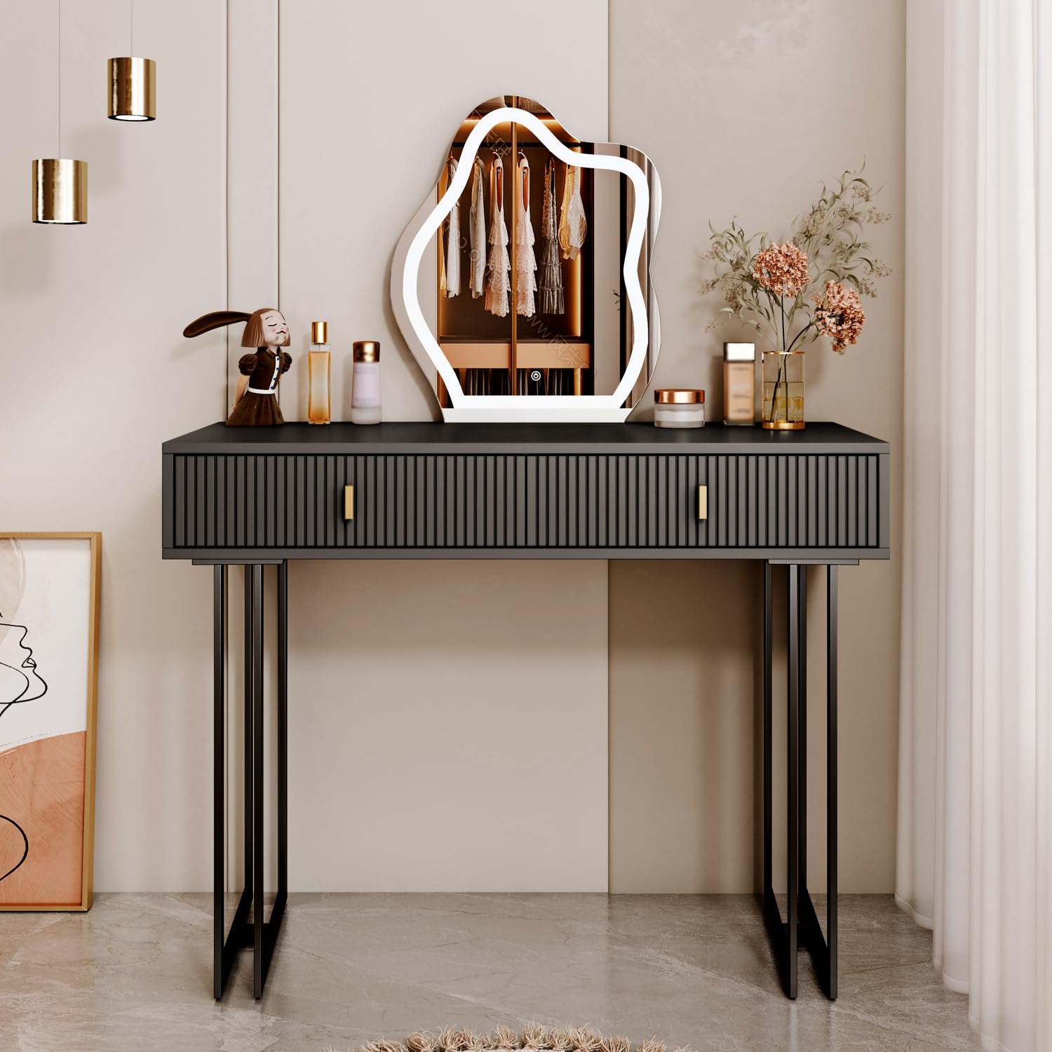 Ieejdn Black Vanity Desk with 3-Color Touch Screen Lighted Mirror, 2 Drawers, Makeup Vanity Table Set with Lights, Dressing Table for Women Girls