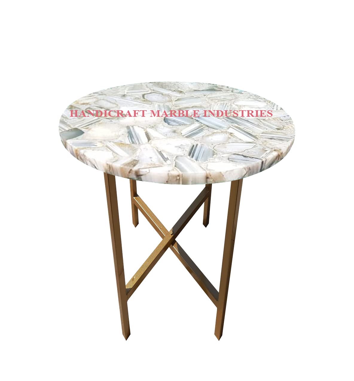 Natural Grey White Brown Agate Round 24" x 24" Inch Round Coffee Table with Metal Base, Stone Coffee Table, Round Agate Coffee Table Top with Metal Stand, Piece Of Conversation, Family Heir Loom