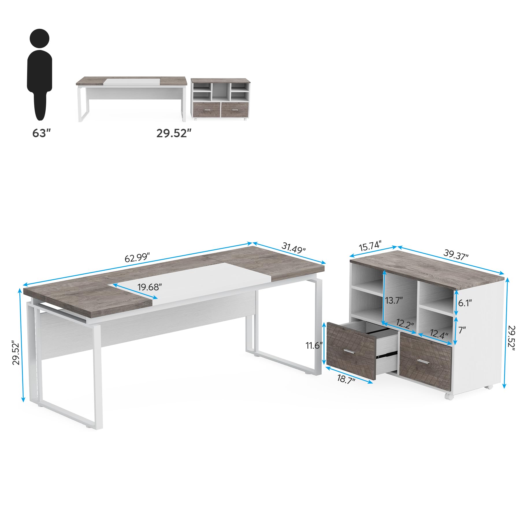 Tribesigns L-Shaped Executive Desk with Reversible File Cabinet, 63" Office Desk with Storage Drawers, L-Shaped Computer Desk with Drawer Cabinet for Hanging Letter Size Files,Gray & White
