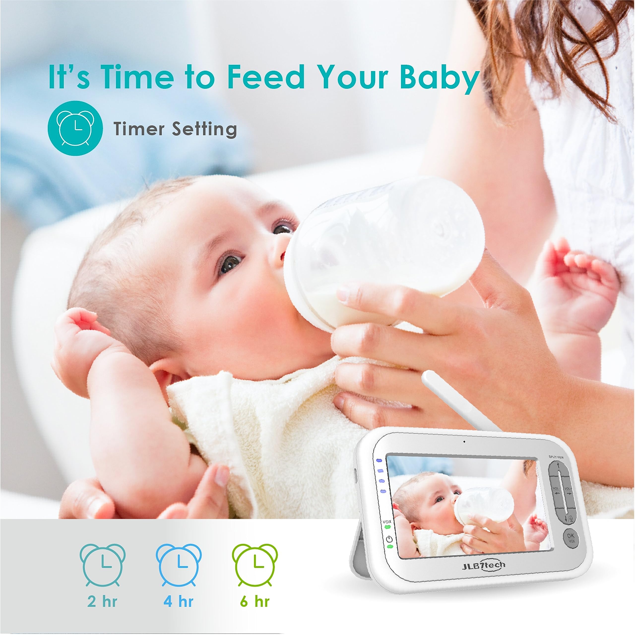 JLB7tech 5" Large Split Screen Video Baby Monitor with 2 Camera - Large Screen,Portable,Long Range,No WiFi,Auto Night Vision,Timer Setting,Lullabies,Power Saving Voice Activation,3000mAh Battery