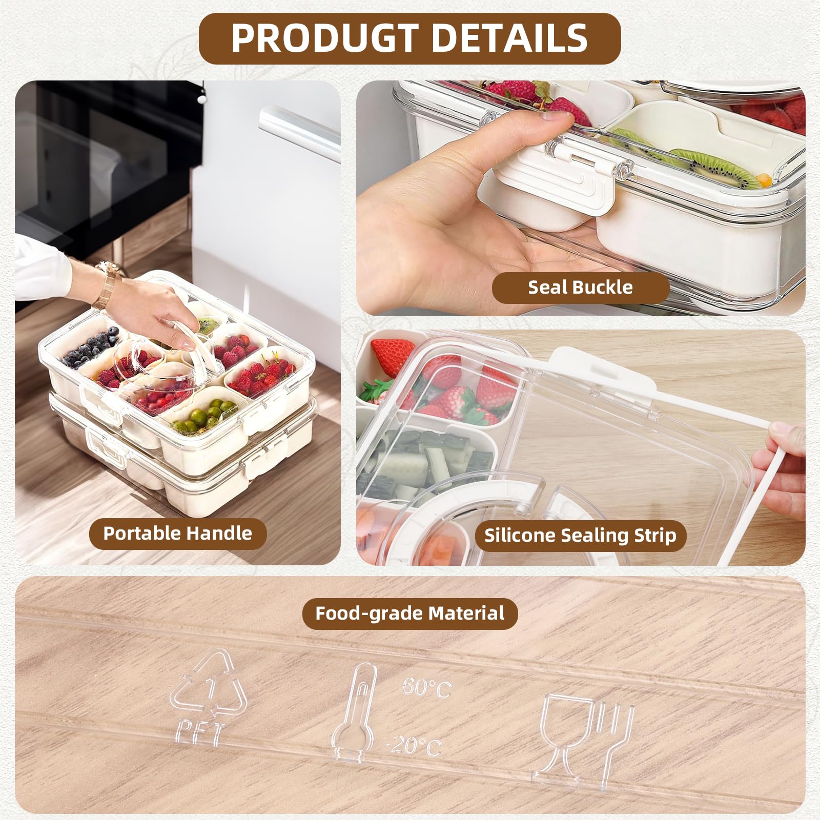 Snackle Box Charcuterie Container- Divided Serving Tray with Lid and Handle- Clear Plastic Portable Snack Box with 8 Compartment for Fruit, Veggie, Candy, Nuts, Picnic, Travel, Entertaining, Party…
