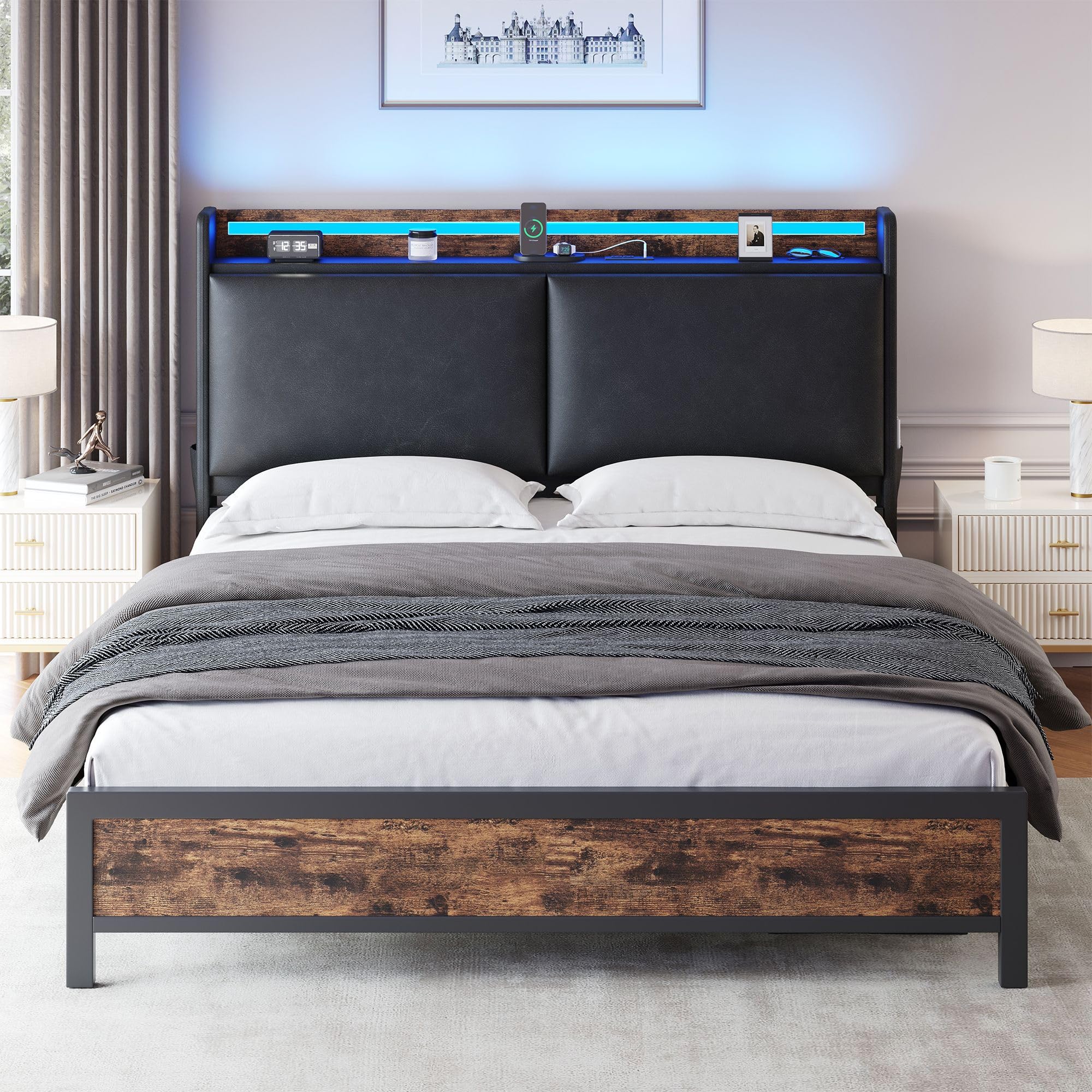 Queen Size Bed Frame with Adjustable Ergonomic Hidden Storage Headboard, PU Leather Upholstered Metal Queen Bed Frame with Charging Station and LED Lights, Heavy Duty, No Box Spring Needed, Black
