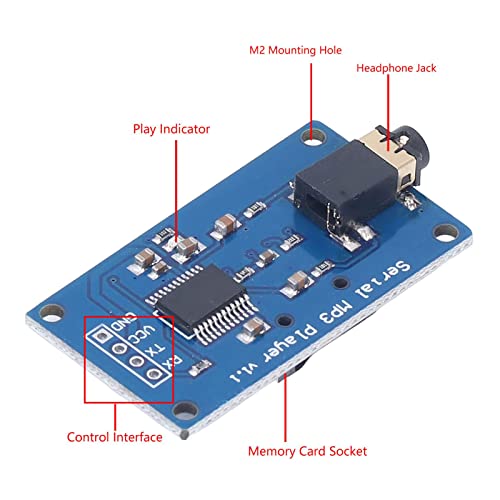 Oumefar Music Play Board Accessory, 3.2-5.2V DC UART TTL Serial Port Adjustable Volume MP3 Module Wide Compatibility Easy Operation with Memory Card Socket for MEGA2560 Keyboards