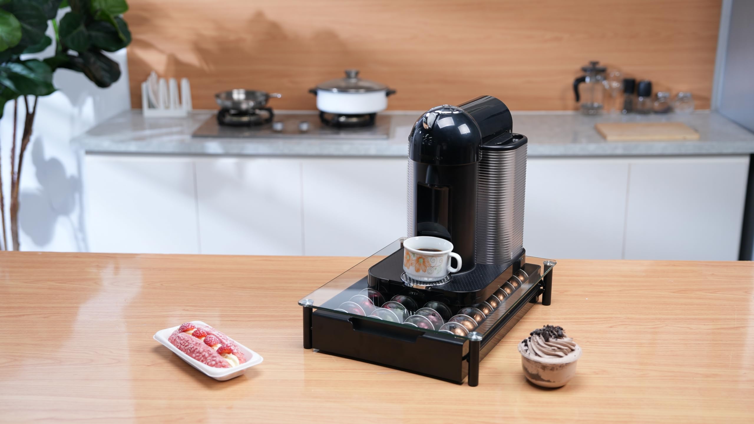 RIOCA Glass Coffee Pod Drawer Holder Organizer Compatible with Nespresso Vertuoline Capsules, Holds 40 Big Pods or 52 Pods, NP01C