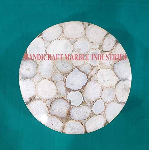 Natural White Agate Stone Round 24" x 24" Inch Table with Gold Foil Border & Metal Base, White Agate Stone Coffee Table & Metal Stand, White Agate Coffee Table, Piece Of Conversation, Family HeirLoom