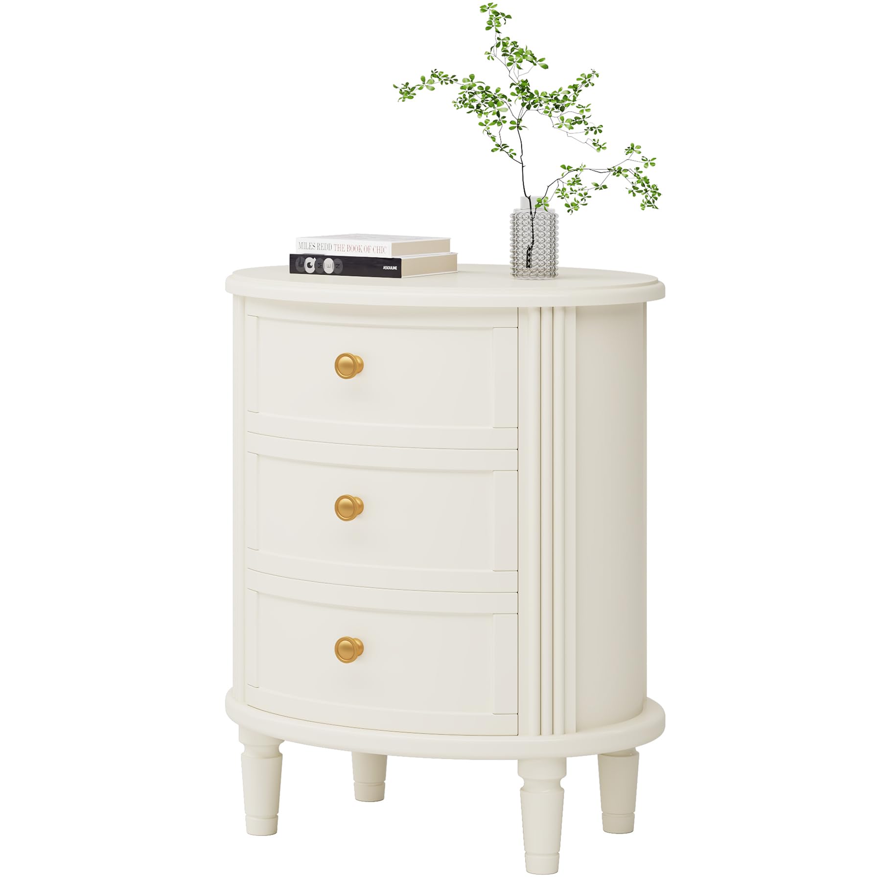 Tribesigns Nightstand with 3 Drawers, Oval Bed Side Table for Bedroom, Fully Assembled, Modern Night Stand with Storage, Wooden Side End Table with Solid Wood Legs for Living Room, Beige White