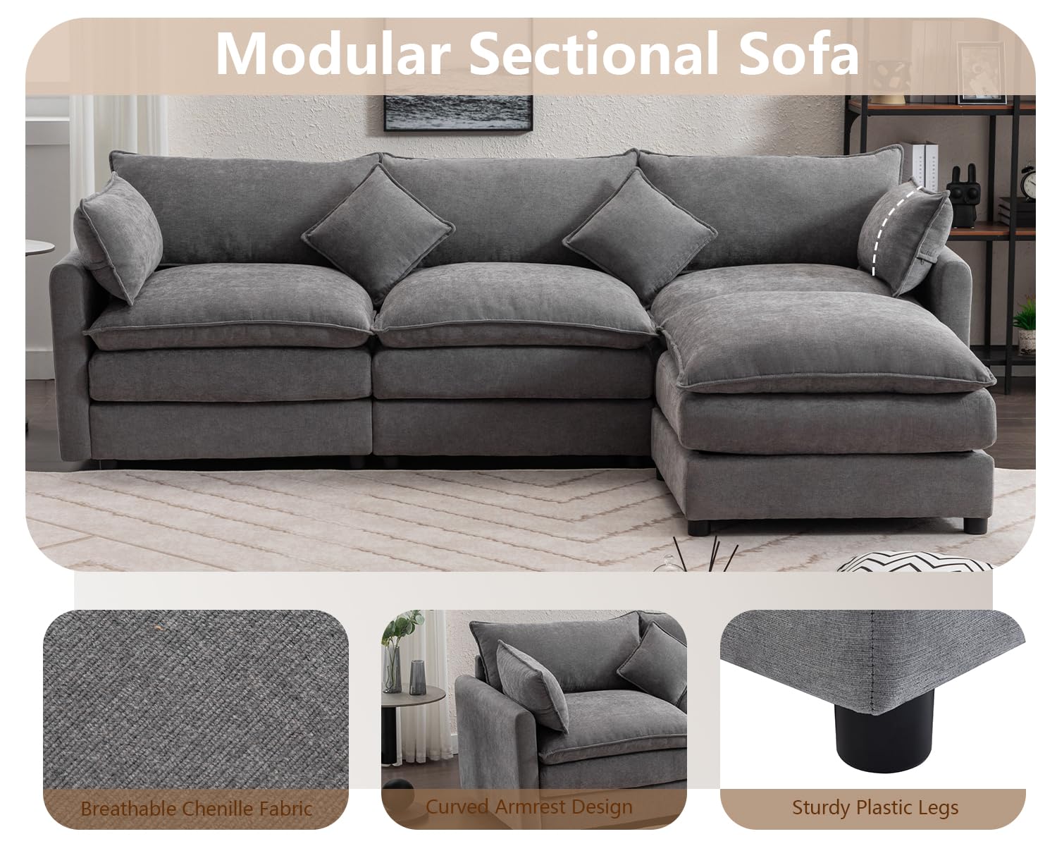 Suheww Grey L Shaped Sectional Sofa, 3 Seat Convertible Sectional Sofa Couch with Movable Ottoman, Modern Chenille Fabric L Shaped Sectional Couches for Living Room Apartment Office RV