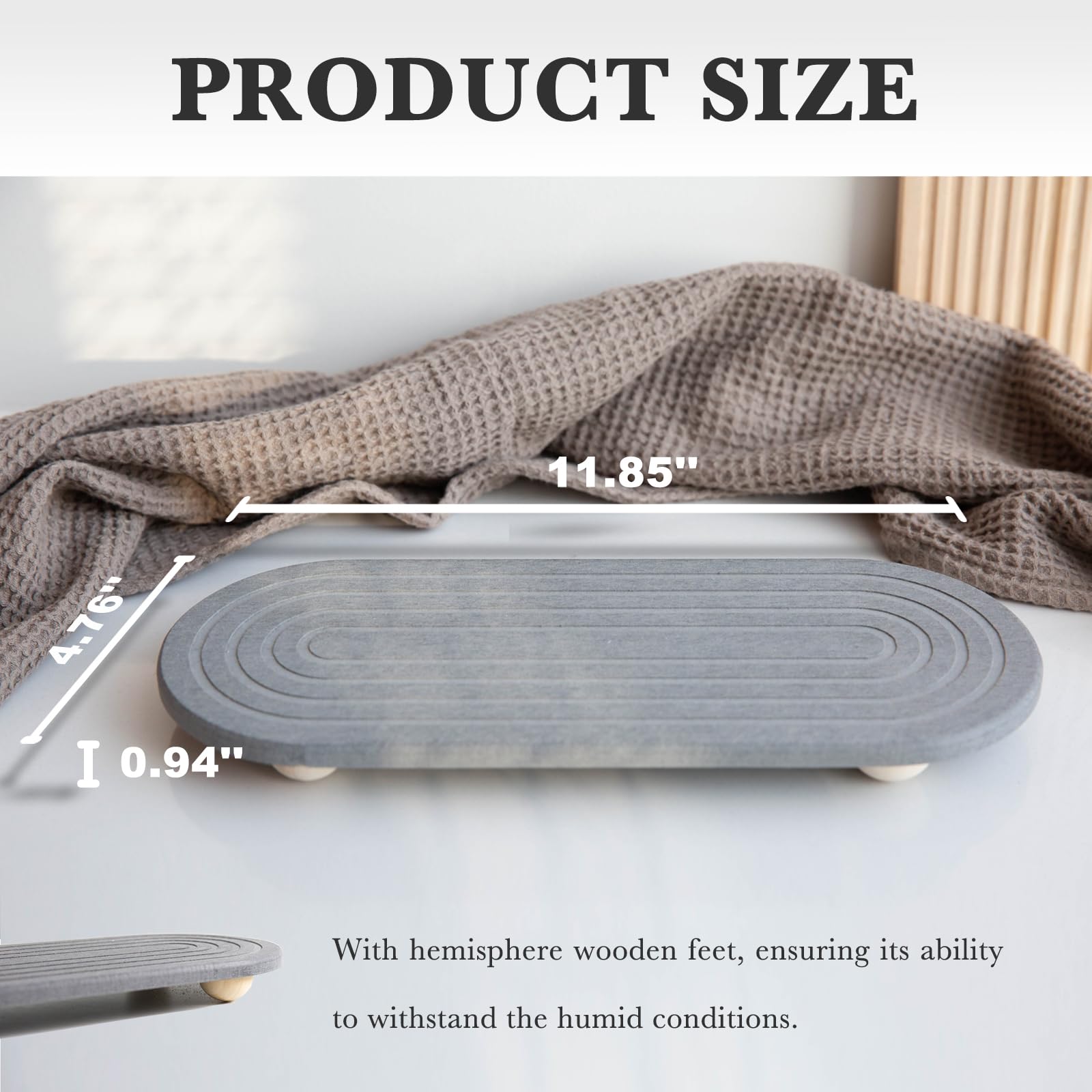 RIOMZY Instant Dry Sink Caddy Organizer – Water Absorbing Stone Tray for Kitchen Bathroom Countertop, Fast Drying Sink Caddy (with Wooden Feet and Natural Loofah, Gray)