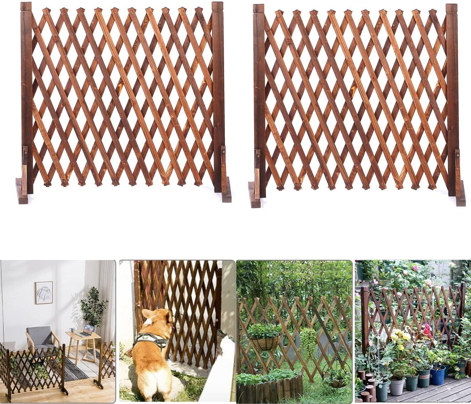 Nisorpa 2 Pack Retractable Wooden Fence Extendable Instant Fence Expandable Garden Fence Wooden Pet Gate Freestanding Wood Fence Partition for Home Yard Garden Indoor Outdoor