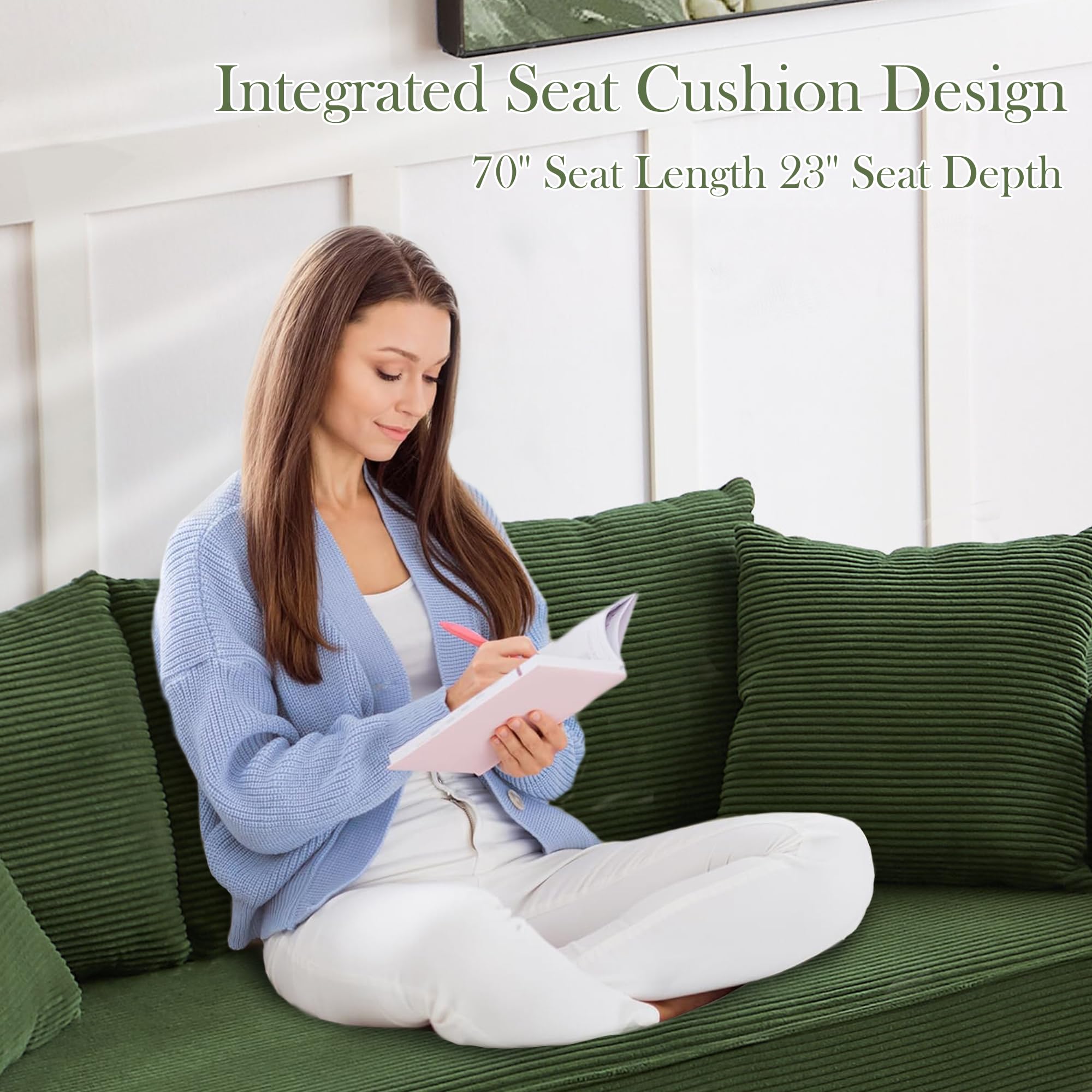 Quenvo Corduroy Sofa Couch for Living Room, Modern 3 Seater Modular Sectional Sofa with 5 Sofa Pillows, Comfy Deep Seat Sofa with Wide Armrest for Apartment Lounge, 89 Inch, Green
