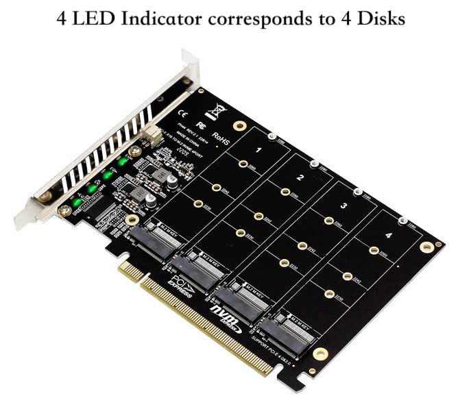 PH44 M.2 NVMe PCIe Adapter 4.0 X16 Expansion Card NVMe SSD 4.0/3.0 High Speed 4x32Gbps Soft RAID Card with Separate LED Indicator for PC Desktop Support 2230 2242 2260 2280