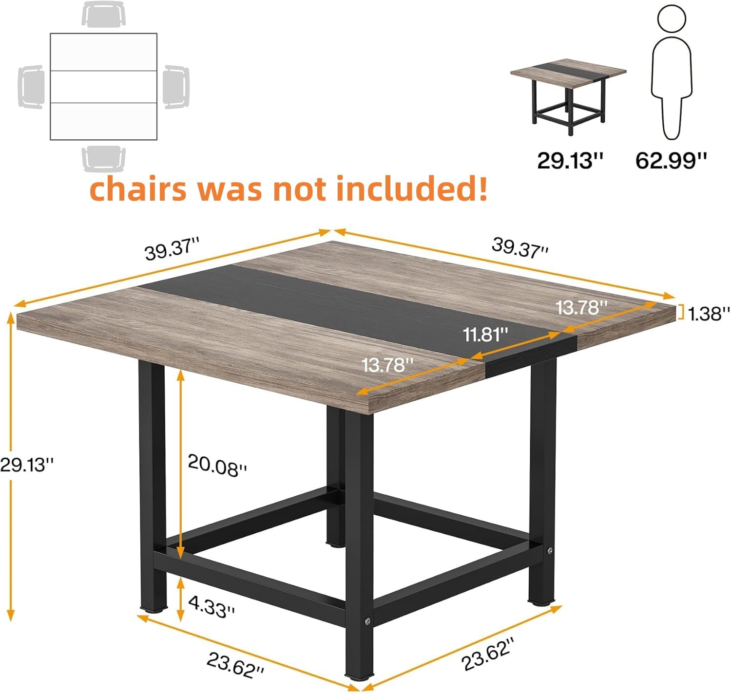 Tribesigns Square Dining Table for 4 People, Farmhouse 39.4"x 39.4"x29.5 “ inches Wooden Kitchen Table, Farmhouse 2 Person Dinning Table for Dinning Room &Small Space
