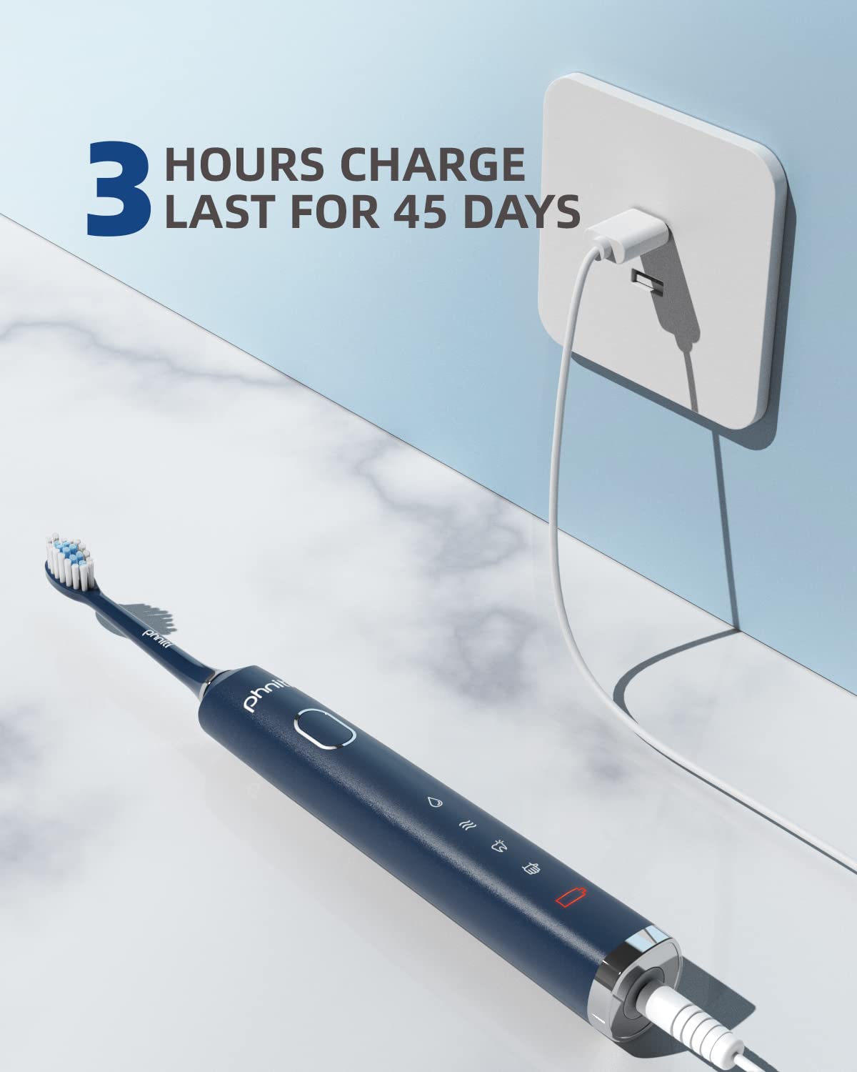 Phniti Electric Toothbrushes for Adults, Sonic Toothbrush with 8 Brush Heads,3 Hours Fast Charge,4 Modes,40,000VPM,2 Mins Timer,IPX7 Waterproof(Blue)