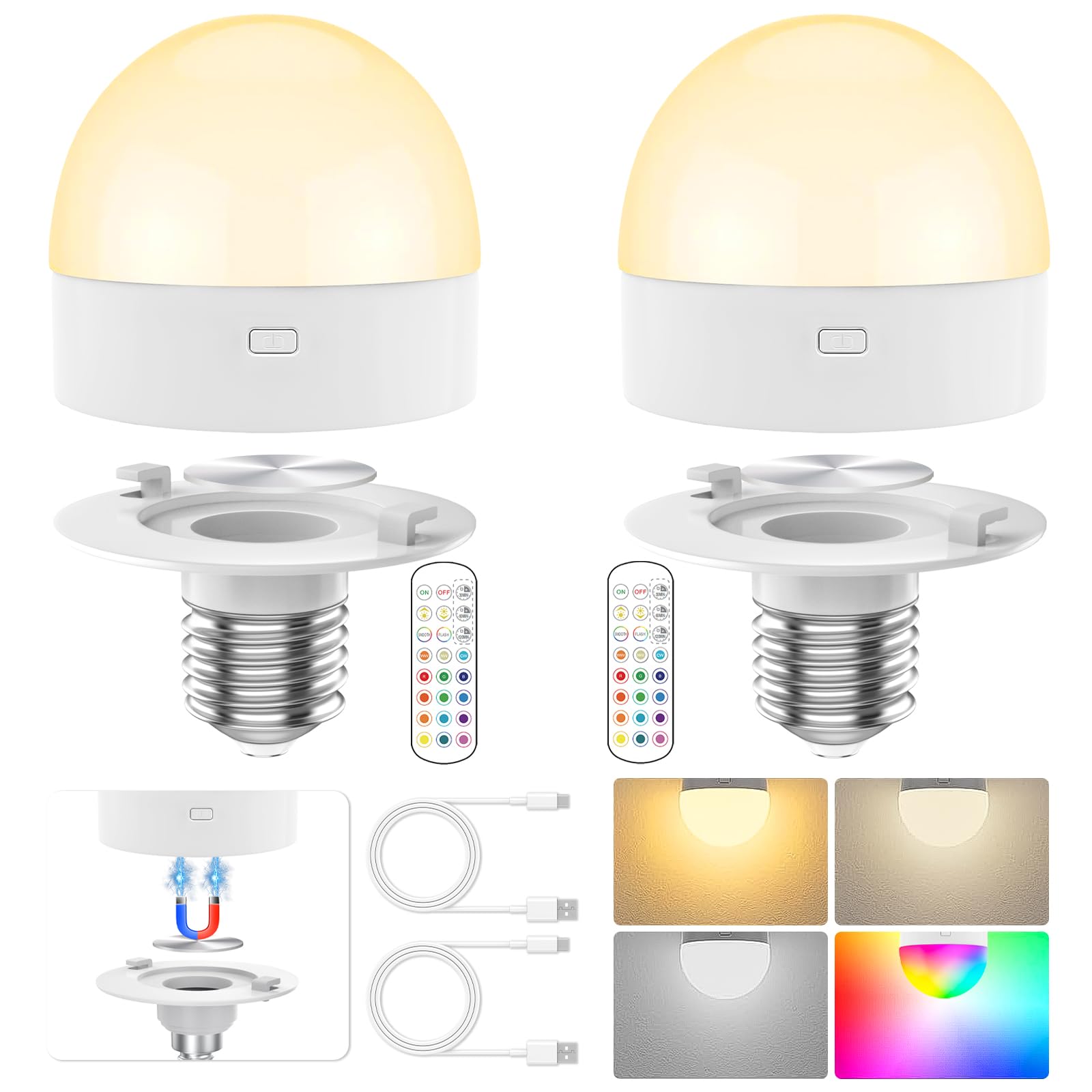 Rechargeable Light Bulbs with Remote,350LM Detachable E26 Battery Operated Light Bulb with Dimmable&Timer&15 Colors Selectable,Wireless Puck Emergency Lamp for Wall Sconce,Non-Hardwired,2-Pack