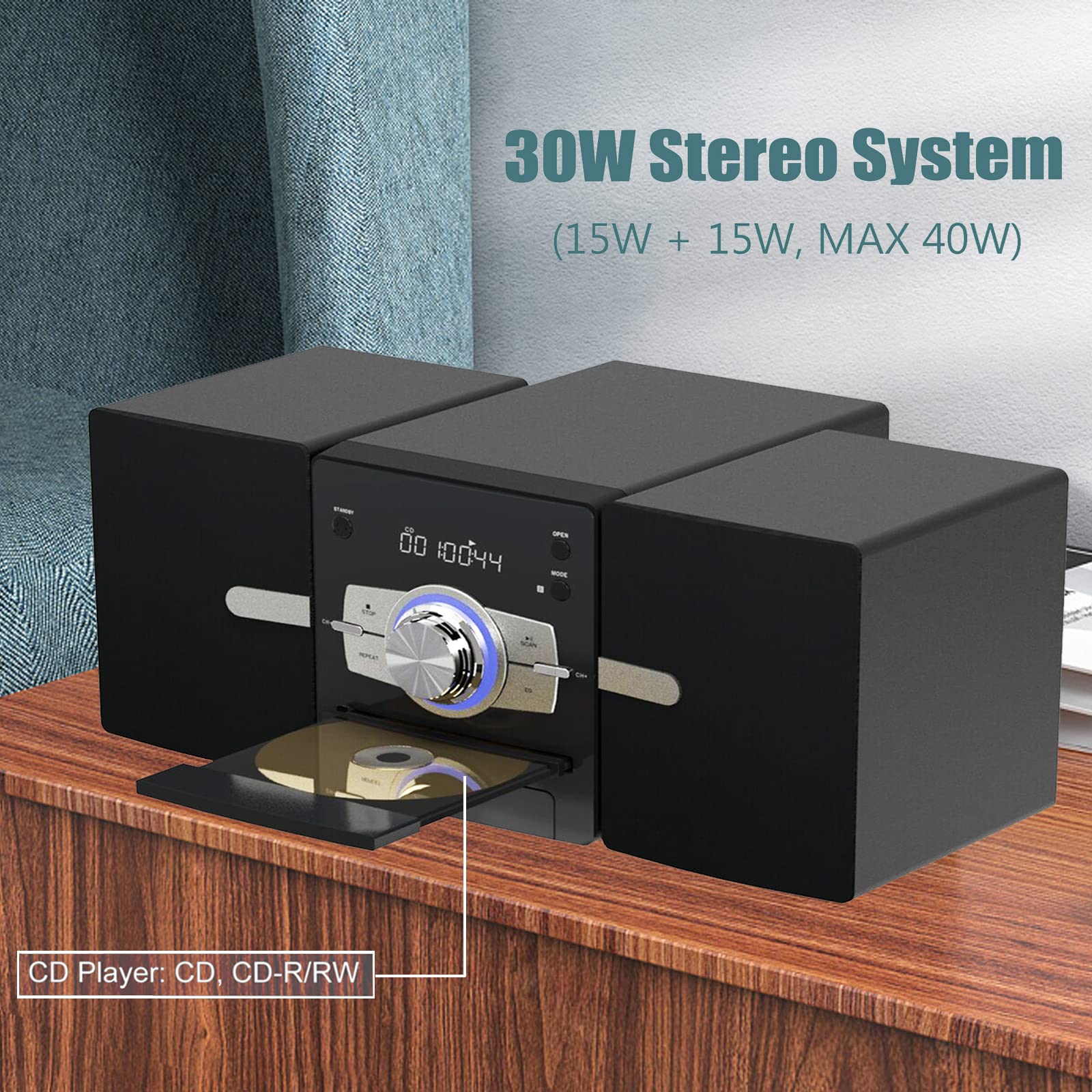 Micro CD Stereo Shelf System, 30W RMS Hi-Fi System with CD Player, Bluetooth, USB Playback, FM Radio, AUX-Input, 2-Way Music Crisp-Sound, DSP-Tech