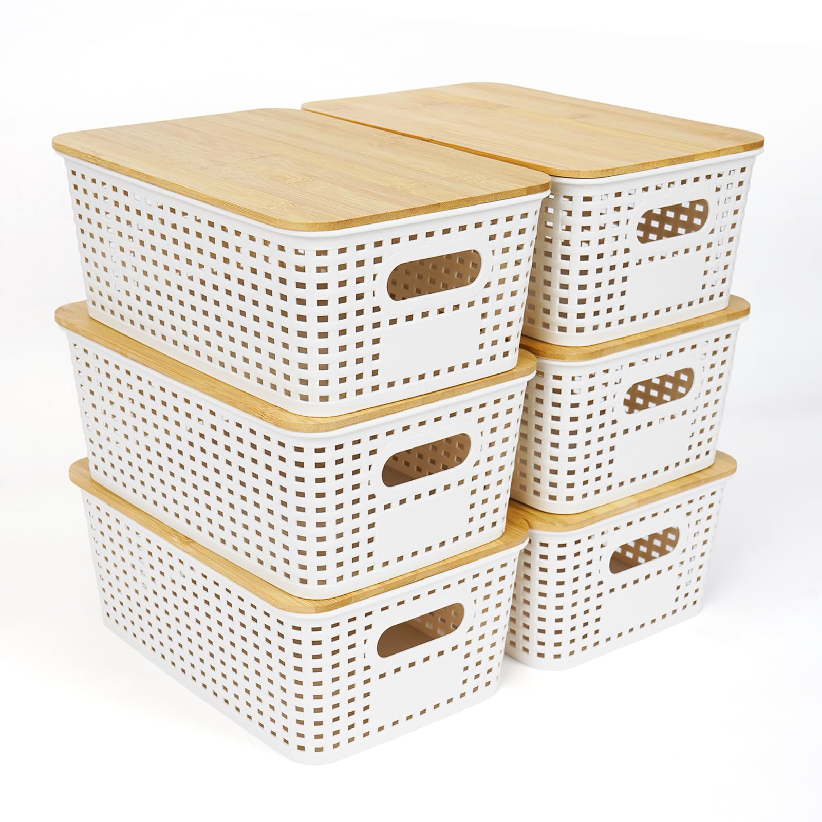 UHAPEER 6 PCS Storage Bins with Bamboo Lids Plastic Baskets Plastic Storage Containers for Organizing Stackable Storage Box with Handle for Shelves Drawers Desktop Closet Classroom Office(White)