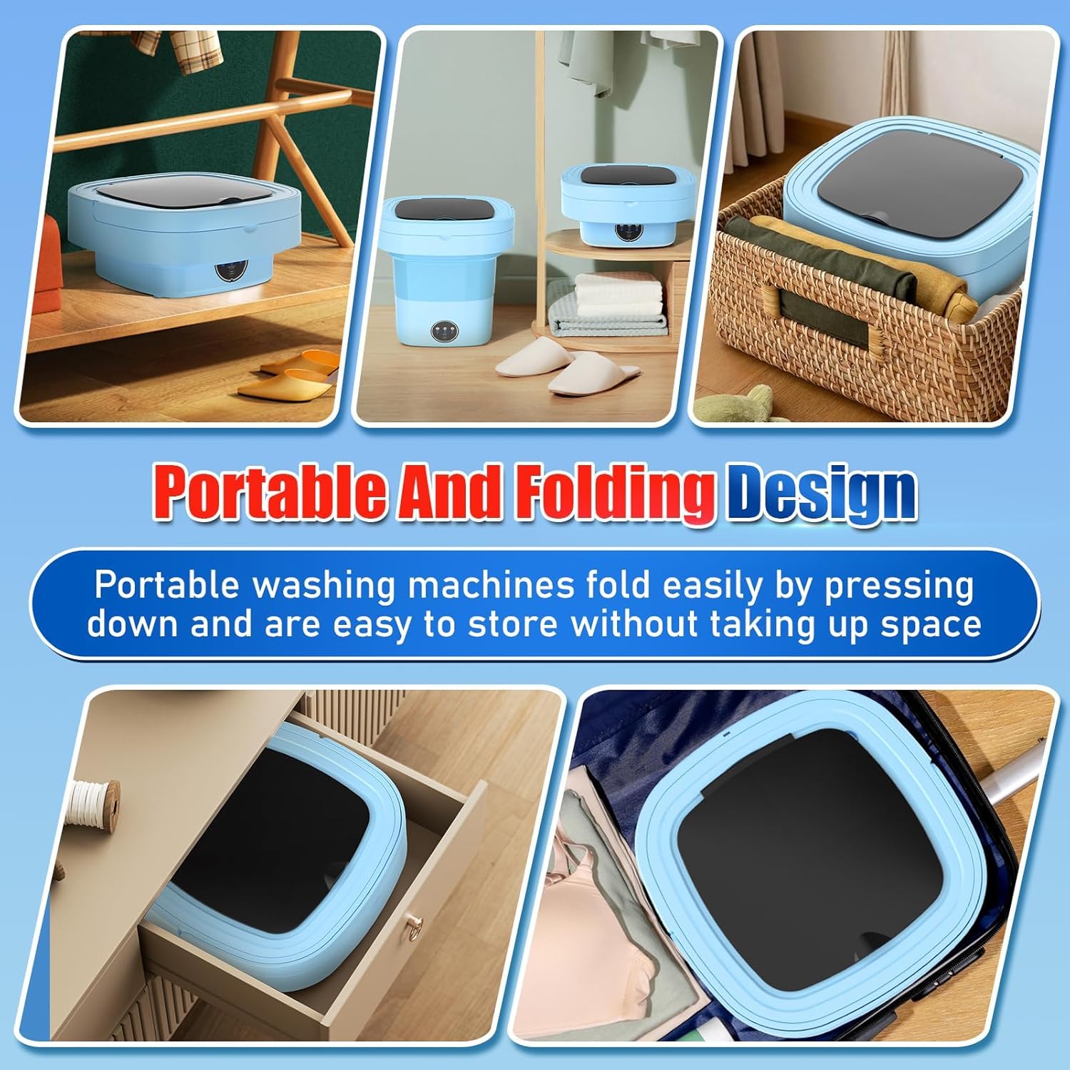 Portable Washing Machine with 3 Intelligent Cleaning Modes, 11L Mini Washer with Foldable Design, Mini Folding Washing for Travel, Camping, Apartment, Dorm, Baby Clothes, Socks and Underwear
