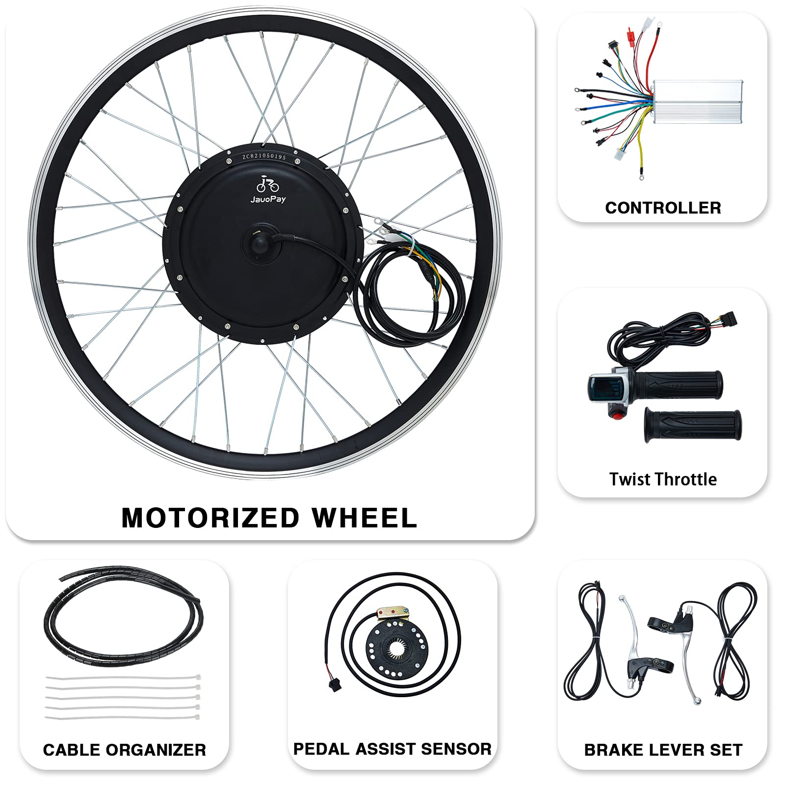 JAUOPAY Electric Bicycle Conversion Kit, 36V 500W EBike Brushless Gearless Hub Motor, 22.5" Front Wheel Frame for 26" x 1.95"~2.125" Tire, Dual Mode Controller