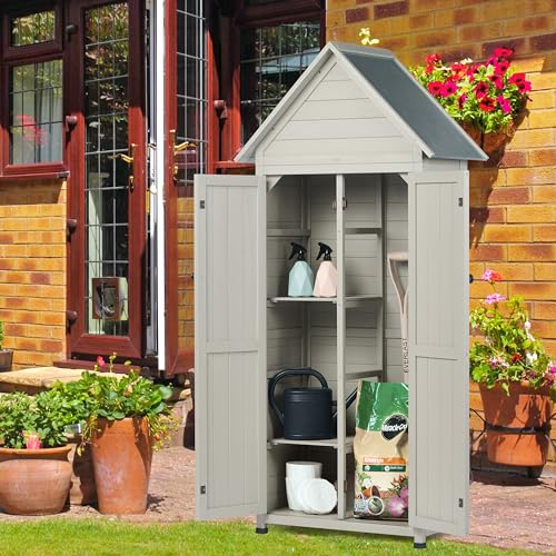 Outdoor Storage Shed with Floor & Adjustable Shelves, Wooden Garden Tool Cabinet Weatherproof, 71" Vertical Patio Organizer