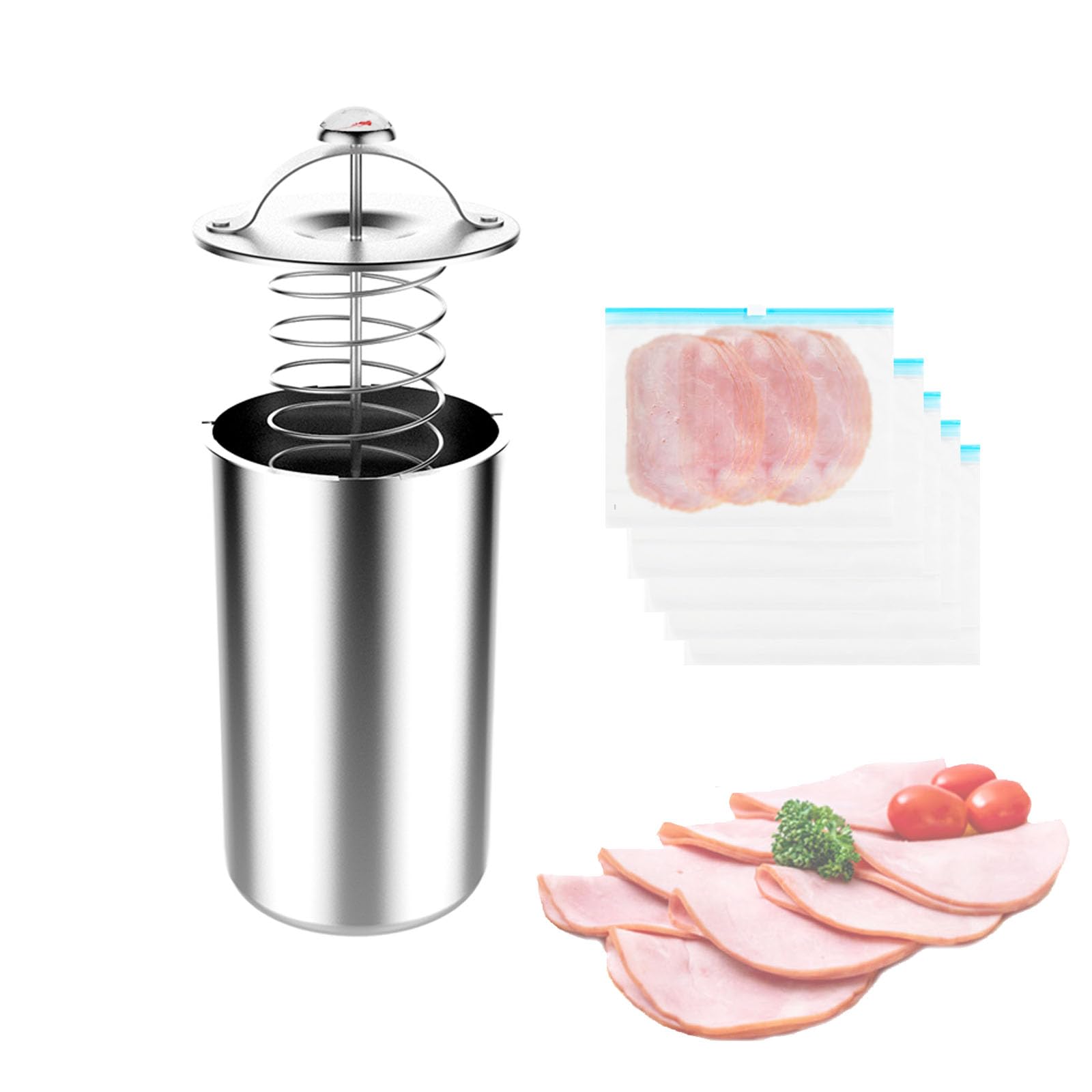 JDOQOKJ Ham Maker Stainless Steel Meat Press with Thermometer ļ¼and 5 Pack ziplocks, For Making Deli Meat, Homemade Lunch Meat. Meat Press Mold for Deli Meats.