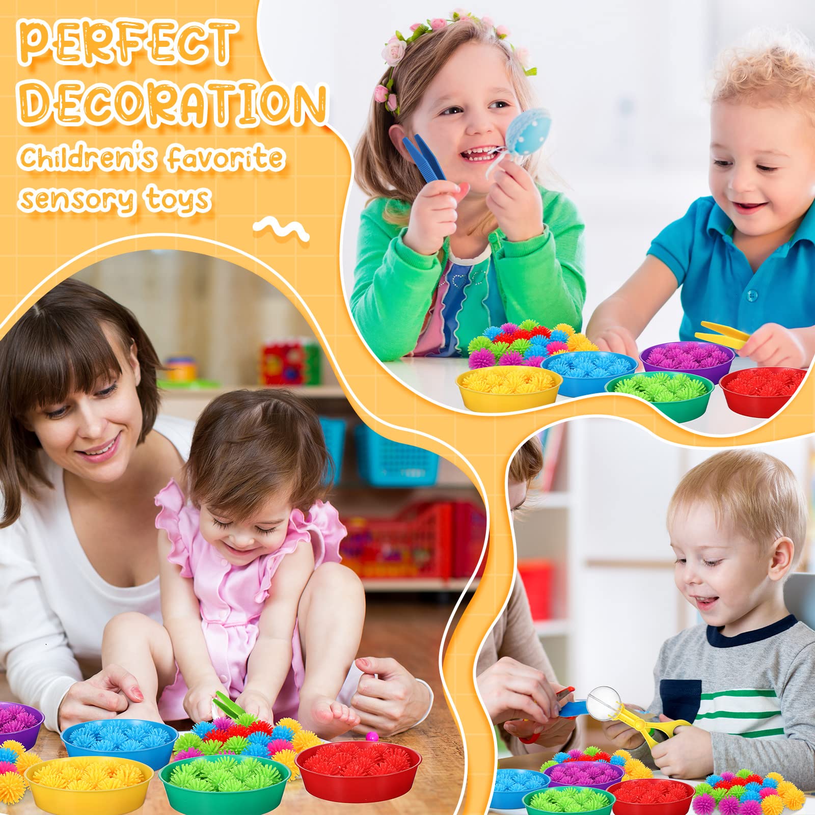 Leitee 71 PCS Fine Motor Toys Counting Sorting Sensory Bin Filler, 60 Hedge Balls 4 Tweezers 2 Scissors Clips 5 Cups for Boys Girls Early Education and Sorting Counting Training Development