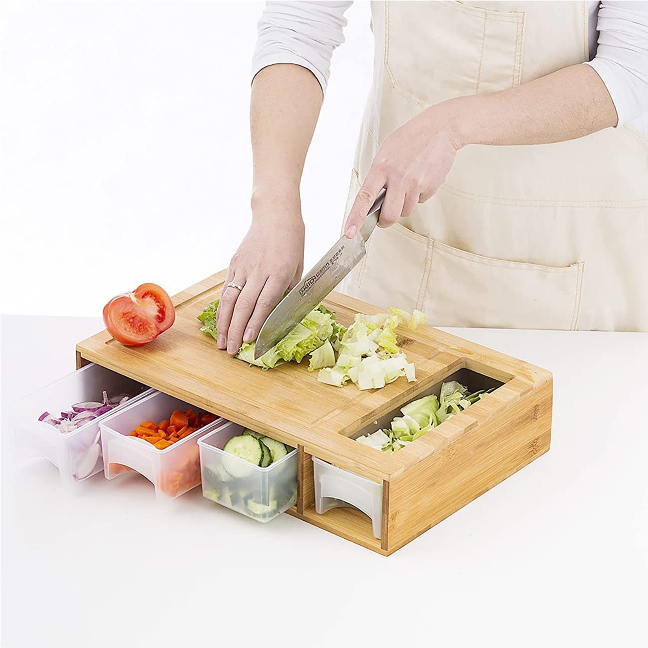 OLOZIQ Bamboo Cutting Board with Trays and Lids Storage Containers β Multifunction Easy Chopping Meal Prep Station with Juice Grooves β 4 Multi-Functional Graters Included with Food Sliding Opening