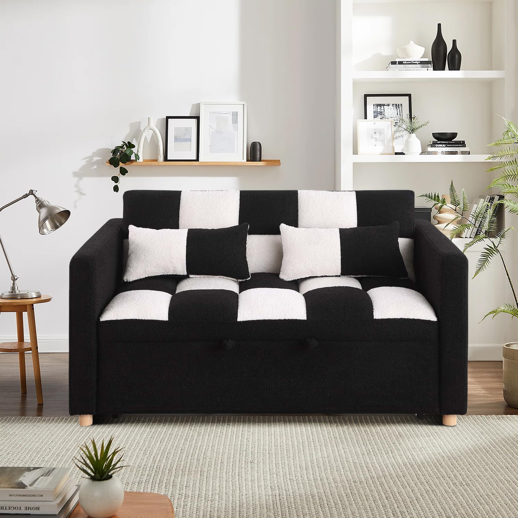 SumKea 52.76'' Convertible Teddy Sleeper Sofa Couch, Modern 3-in-1 Loveseat with Adjustable Backrest, 2 Pillows, Lounge Sofa, Couches for Living Room, Apartment, Black White