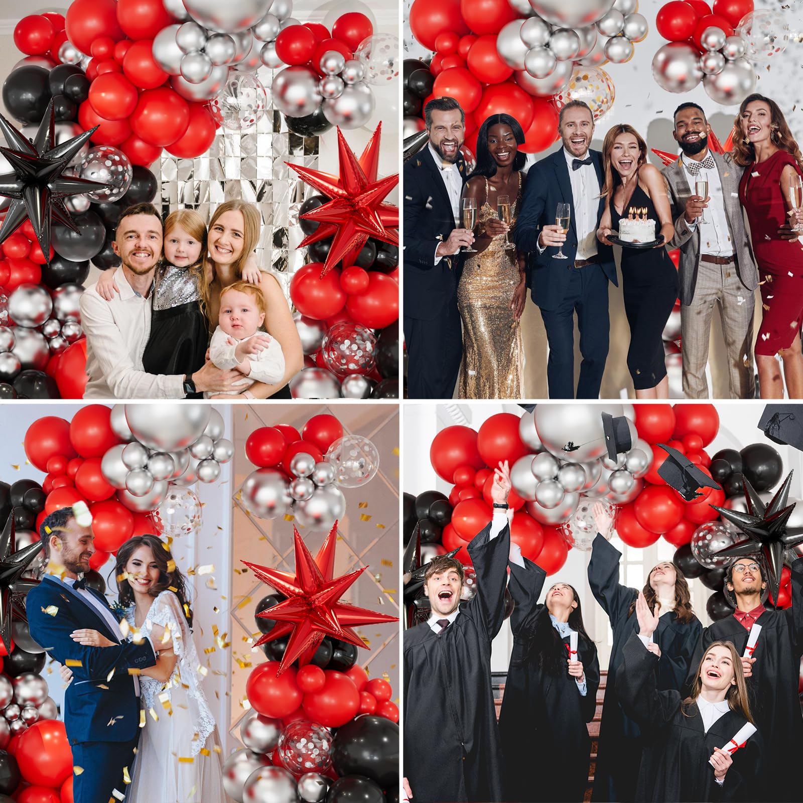 Red and Black Balloon Garland Arch Kit, 146pcs Red Black and Metallic Silver Balloons with Red and Black Exploding Star Foil Balloons for Graduation Birthday Party Decorations