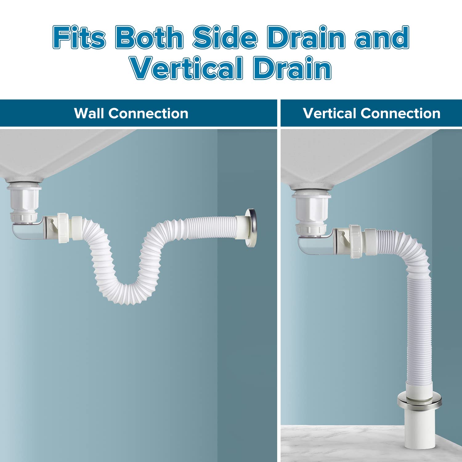 JEAPHA 2 in 1 Bathroom Sink Drain Kit with Flexible & Expandable P-trap pipe for bathroom sinks, Pop Up Drain for 1-1/2'' Drain Hole Extension Hose Tail Pipe, Fits Overflow or No Overflow Vessel Sink